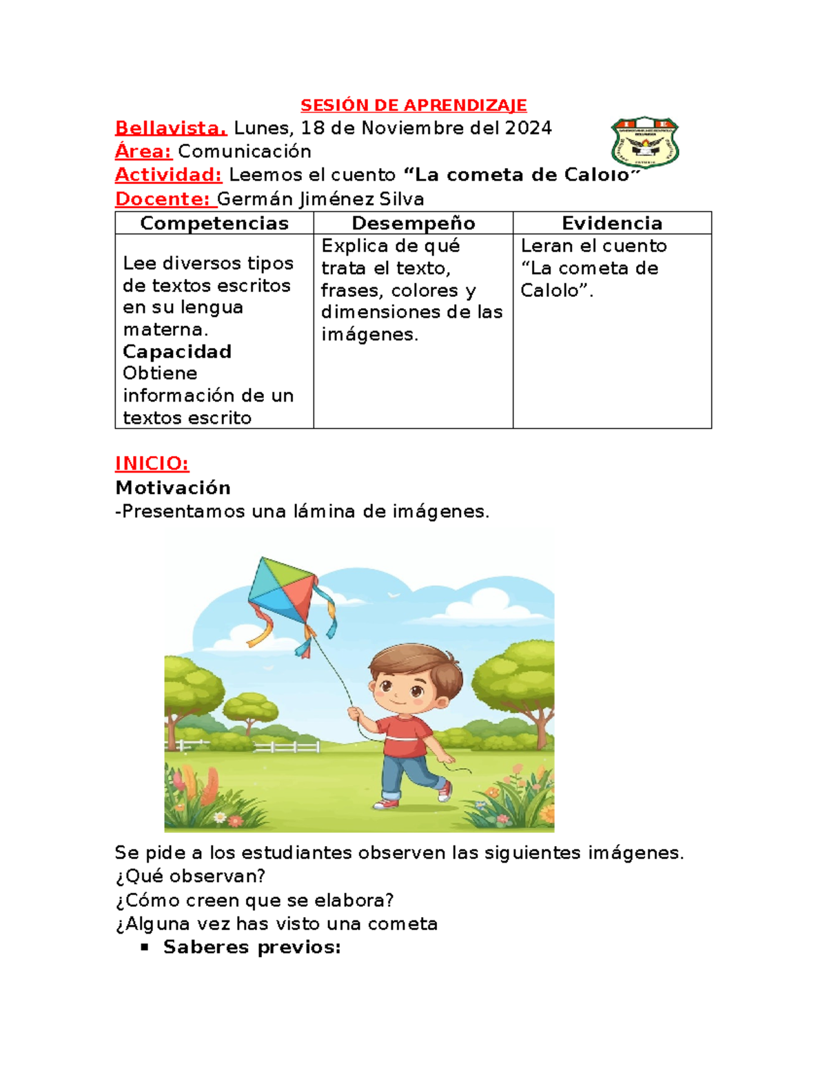 18 - 11- 24 LA Cometa DE Calolo - SESIÓN DE APRENDIZAJE Bellavista ...