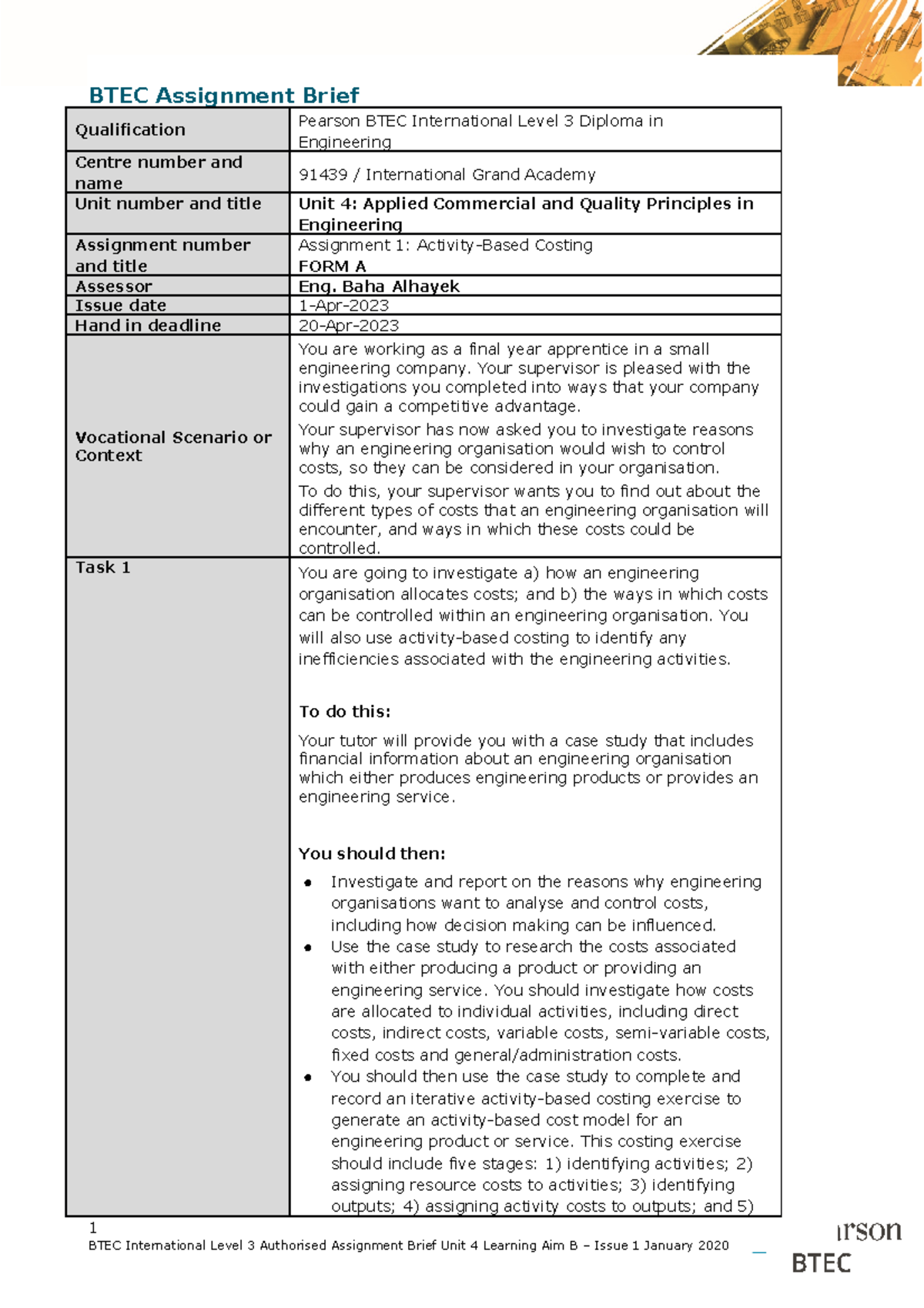 L3 U4 A2 - BTEC Assignment Brief Qualification Pearson BTEC ...