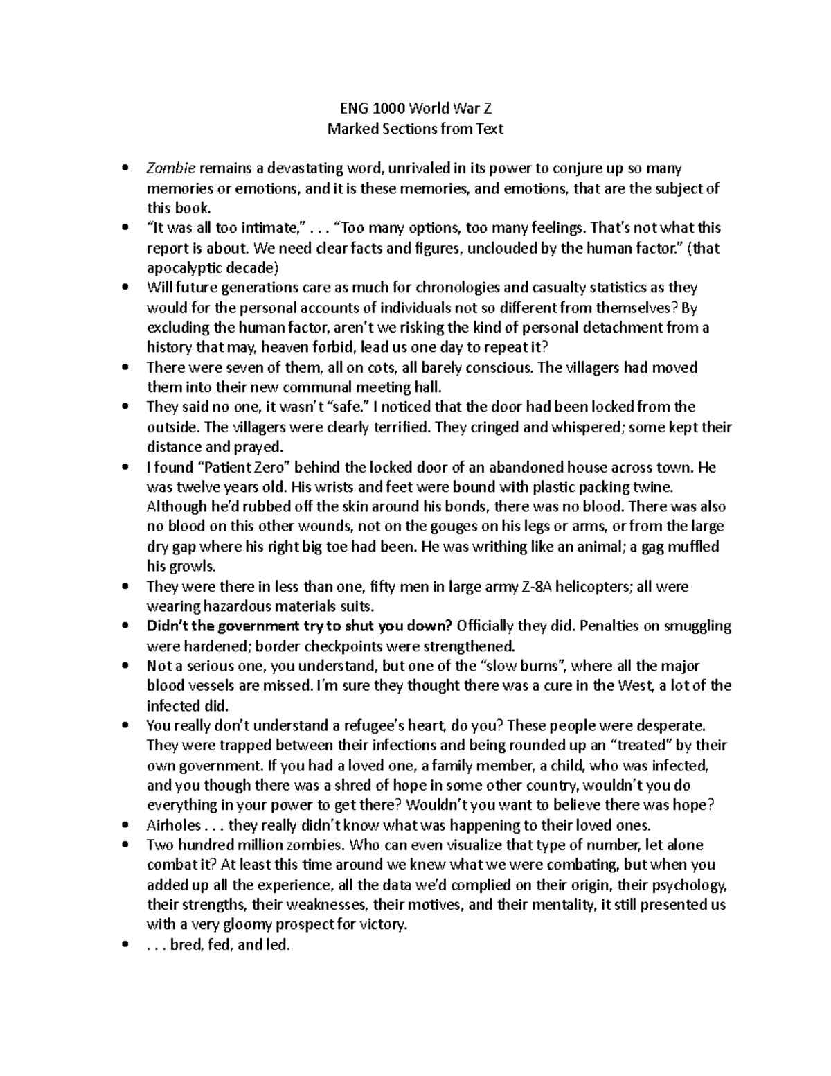 ENG 1000 World War Z - Dr. Ulibarri - ENG World War Z Marked Sections ...