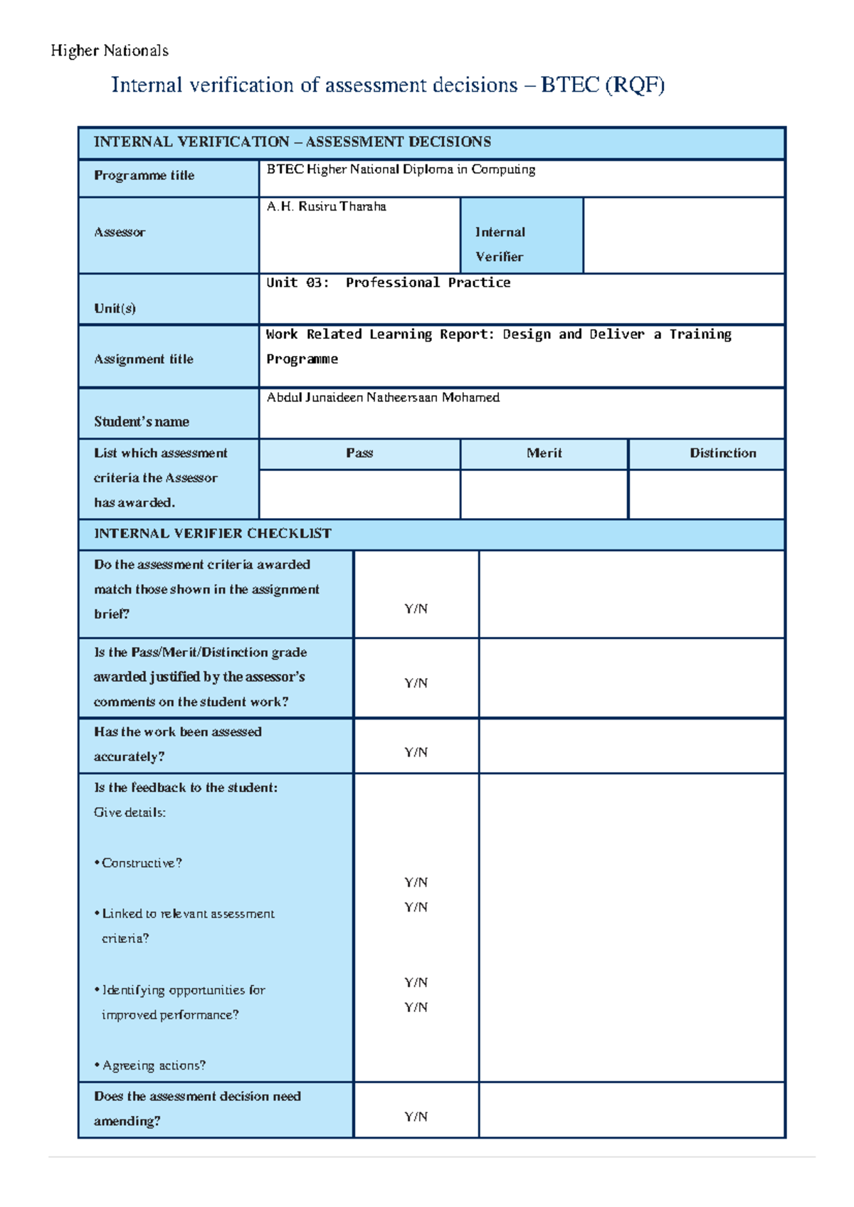 A.J.-Unit 03 - Professional Practice - Higher Nationals Internal ...