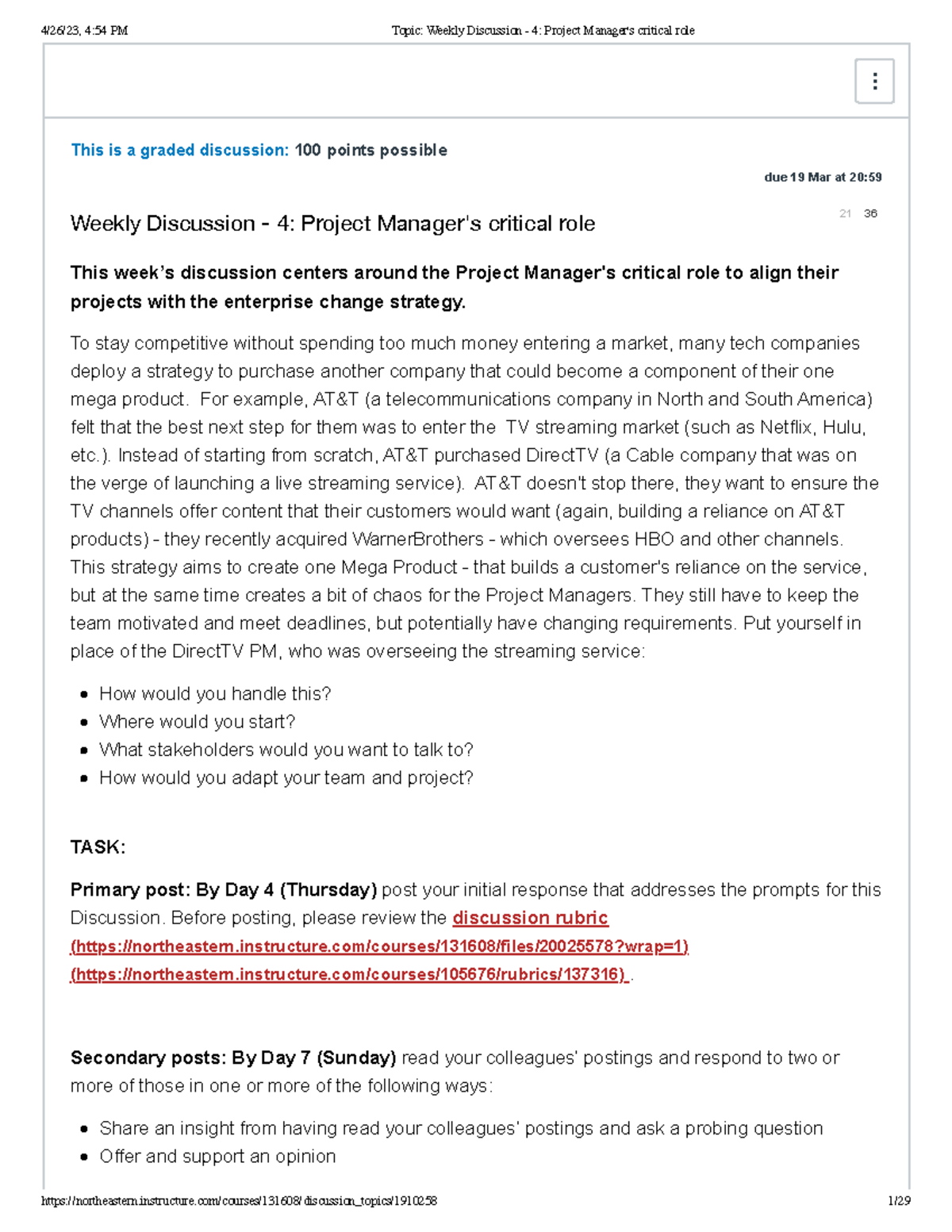 Topic Weekly Discussion - 4 Project Manager's critical role - To stay ...