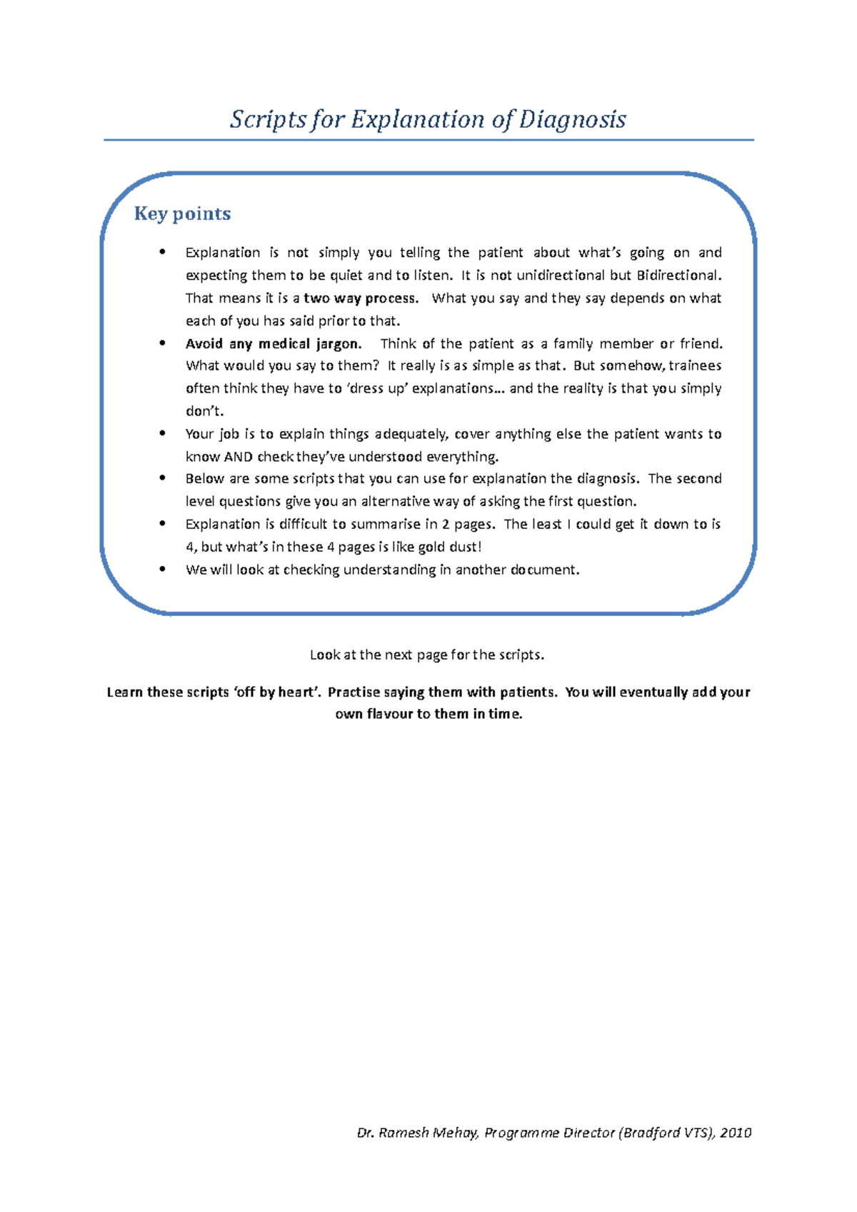 Scripts for explanation of diagnosis - Scripts for Explanation of ...