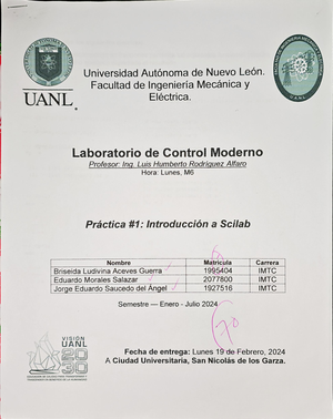 P1 Equipo#6 508 - practica 1 control moderno - UNIVERSIDAD AUTÓNOMA DE NUEVO LEÓN FACULTAD DE ...