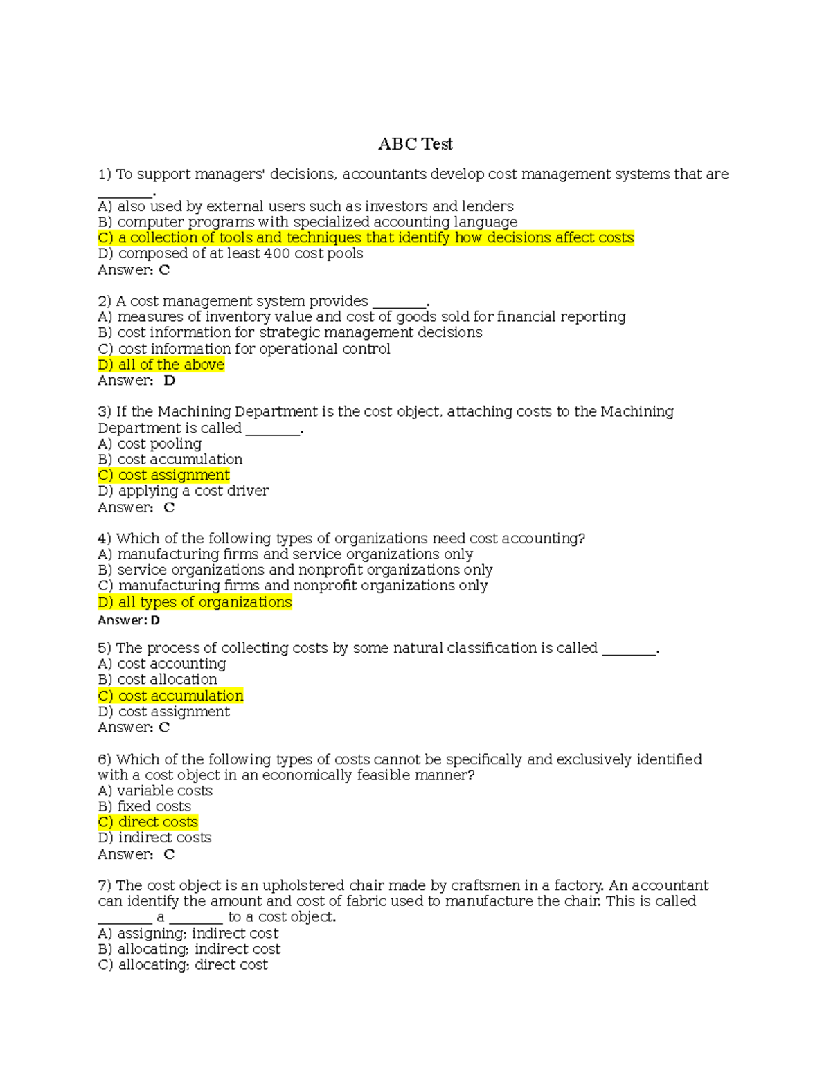ABC Test ACCounnting Exercise ABC Costing - ABC Test To support ...