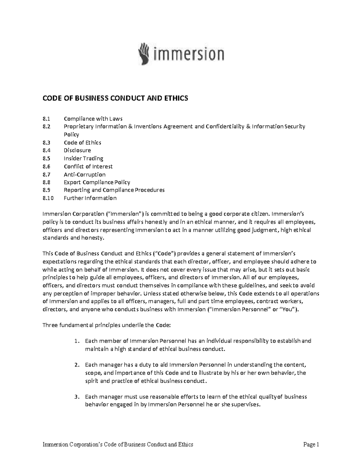 Immersion Code of Business Conduct and Ethics for Senior High School ...