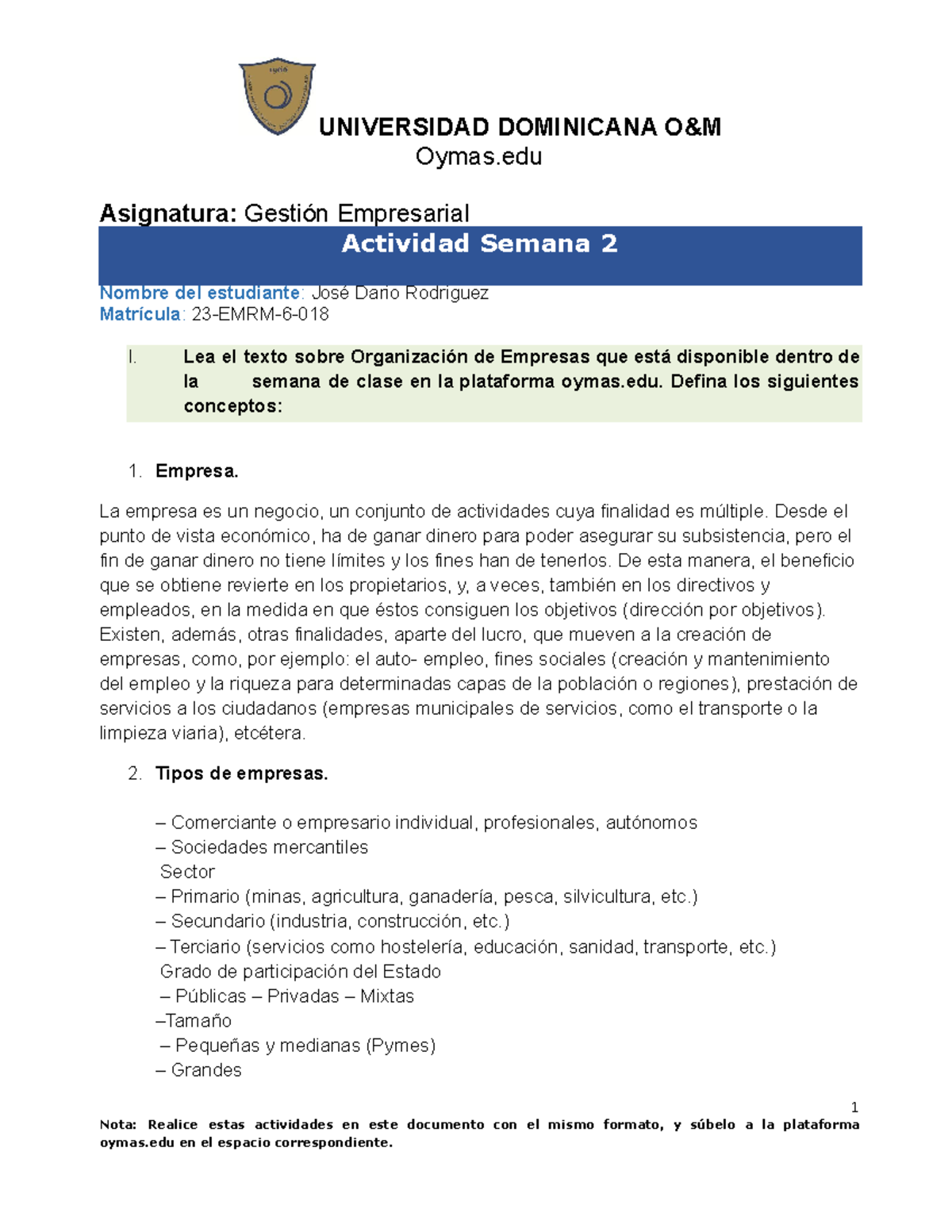 994574 Actividad Semana 2 Gesti 0N Empresarial - Oymas Asignatura ...