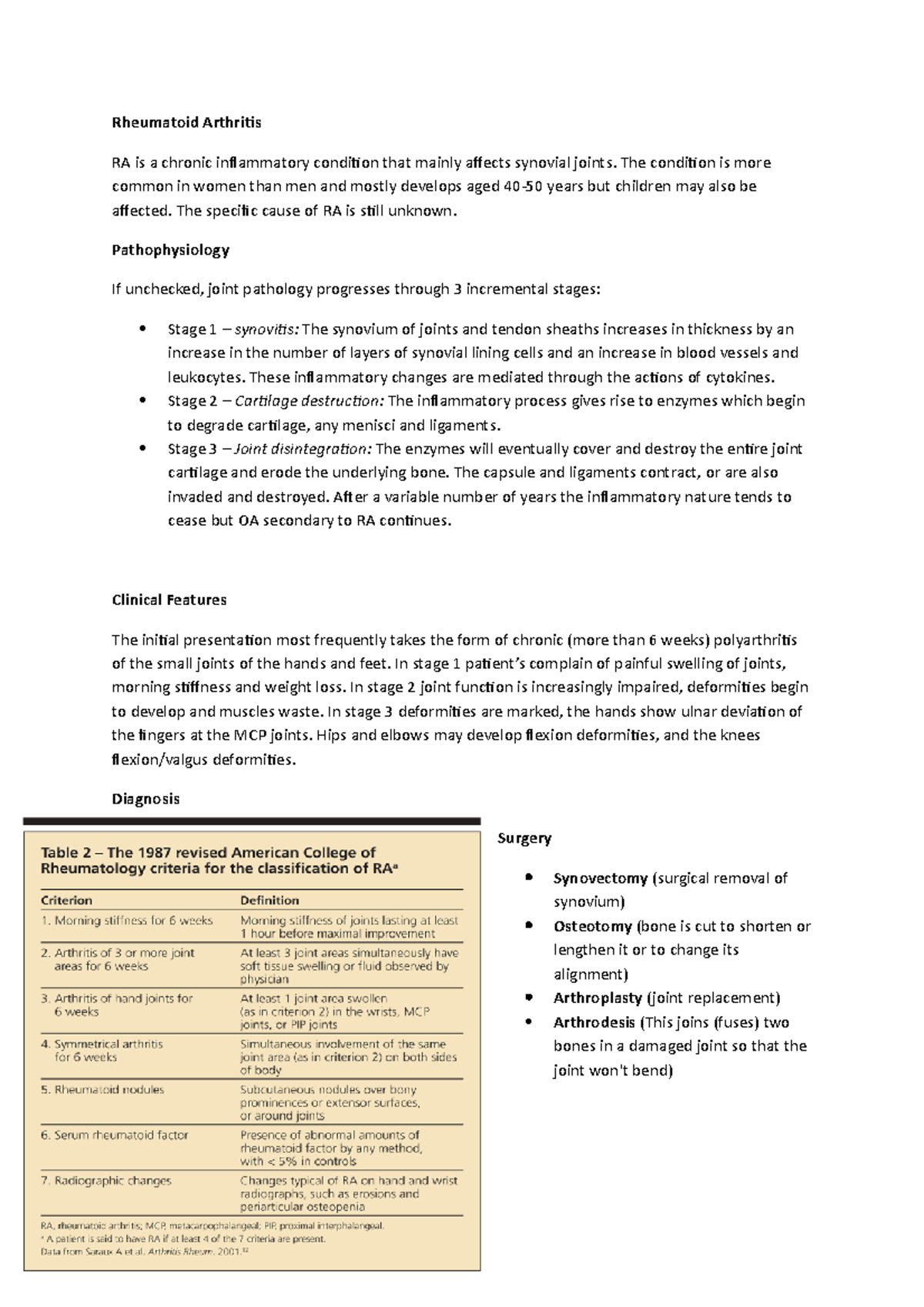 Lecture Notes, Rheumatoid Arthritis - Rheumatoid Arthritis RA is a ...