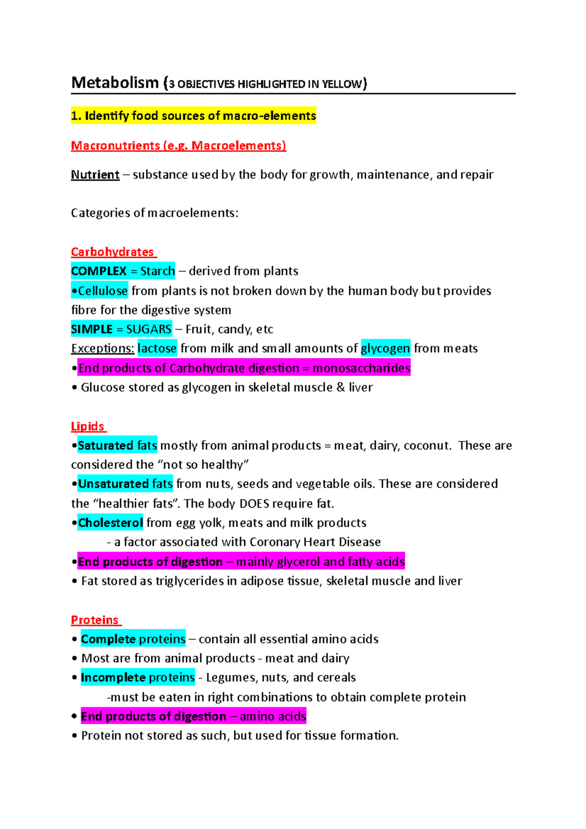 Metabolism - Lecture notes 10 - Metabolism (3 OBJECTIVES HIGHLIGHTED IN ...