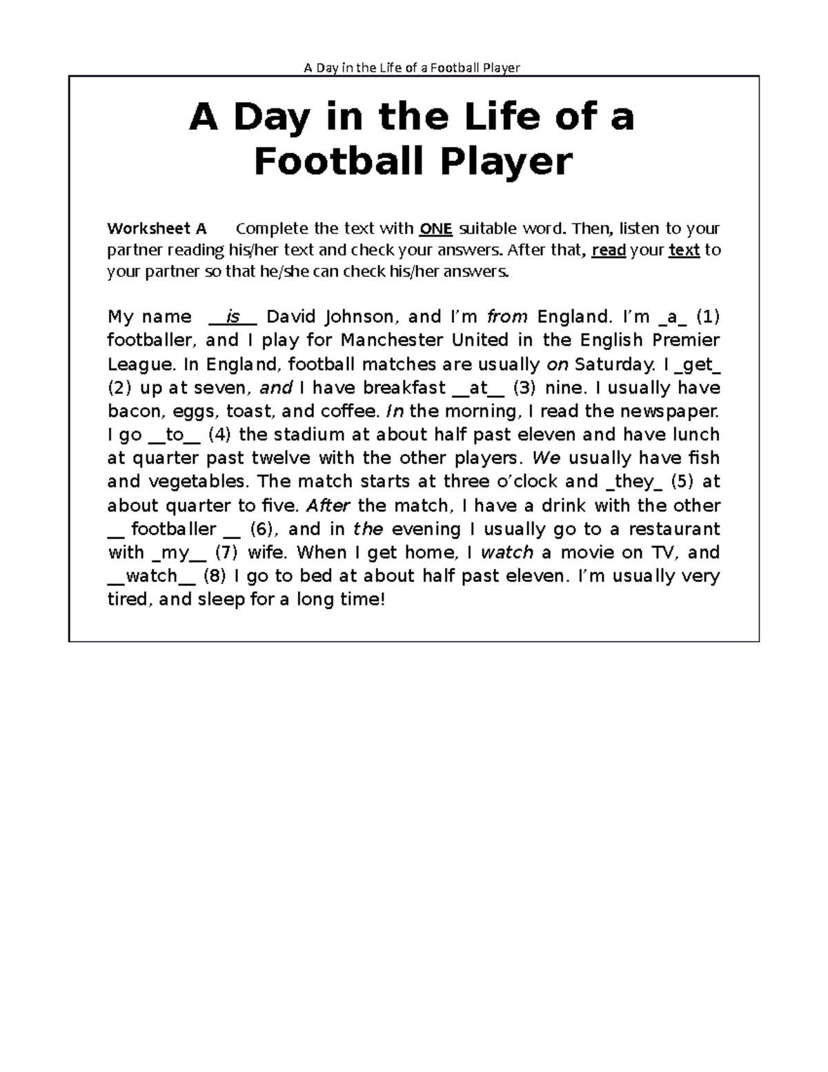 A Day in the Life of a Football Player A - Then, listen to your partner ...