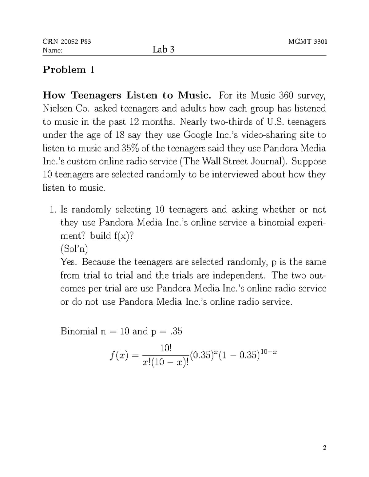 Chapter 5 MGMT 3301 P83 Lab 3 Soln - Actuarial science - Studocu