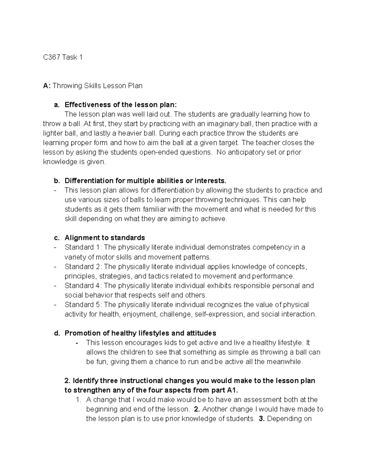 1Task - C367 Task 1 A: Throwing Skills Lesson Plan a. Effectiveness of ...