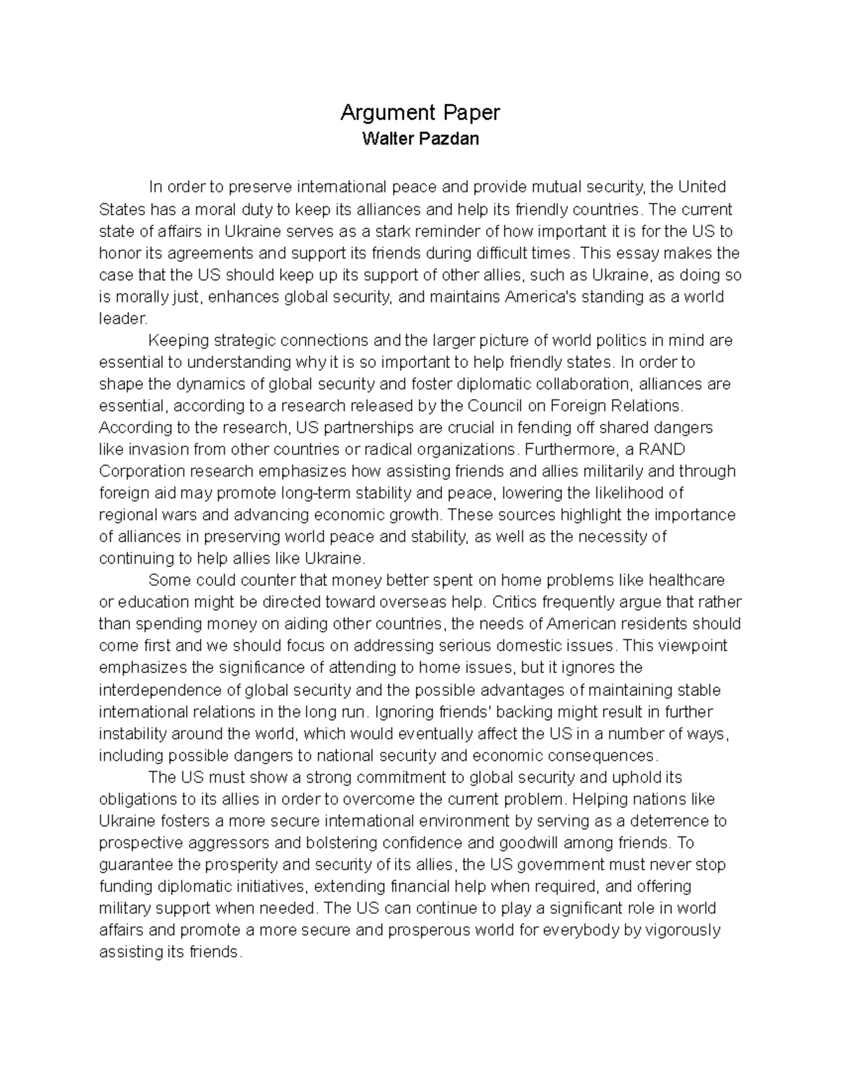 Argument Paper - Argument Paper Walter Pazdan In order to preserve ...
