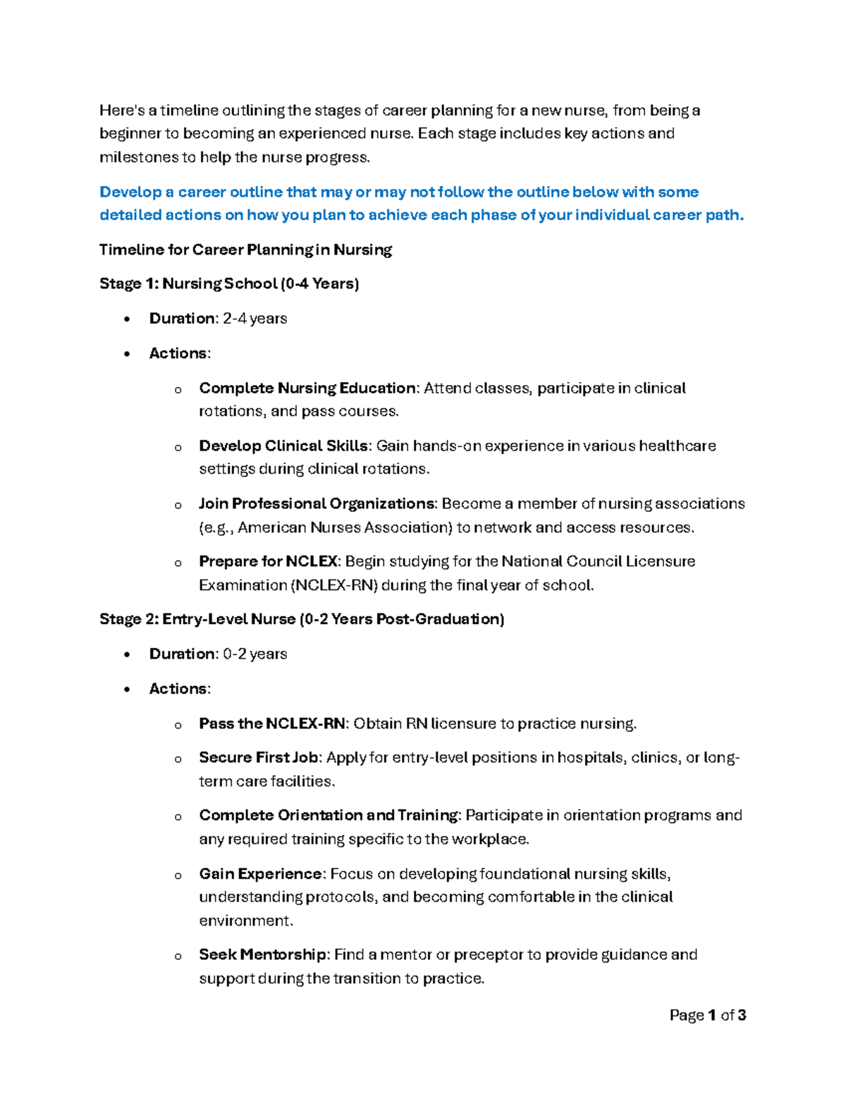 Career Planning in Nursing - Page 1 of 3 Here's a timeline outlining ...