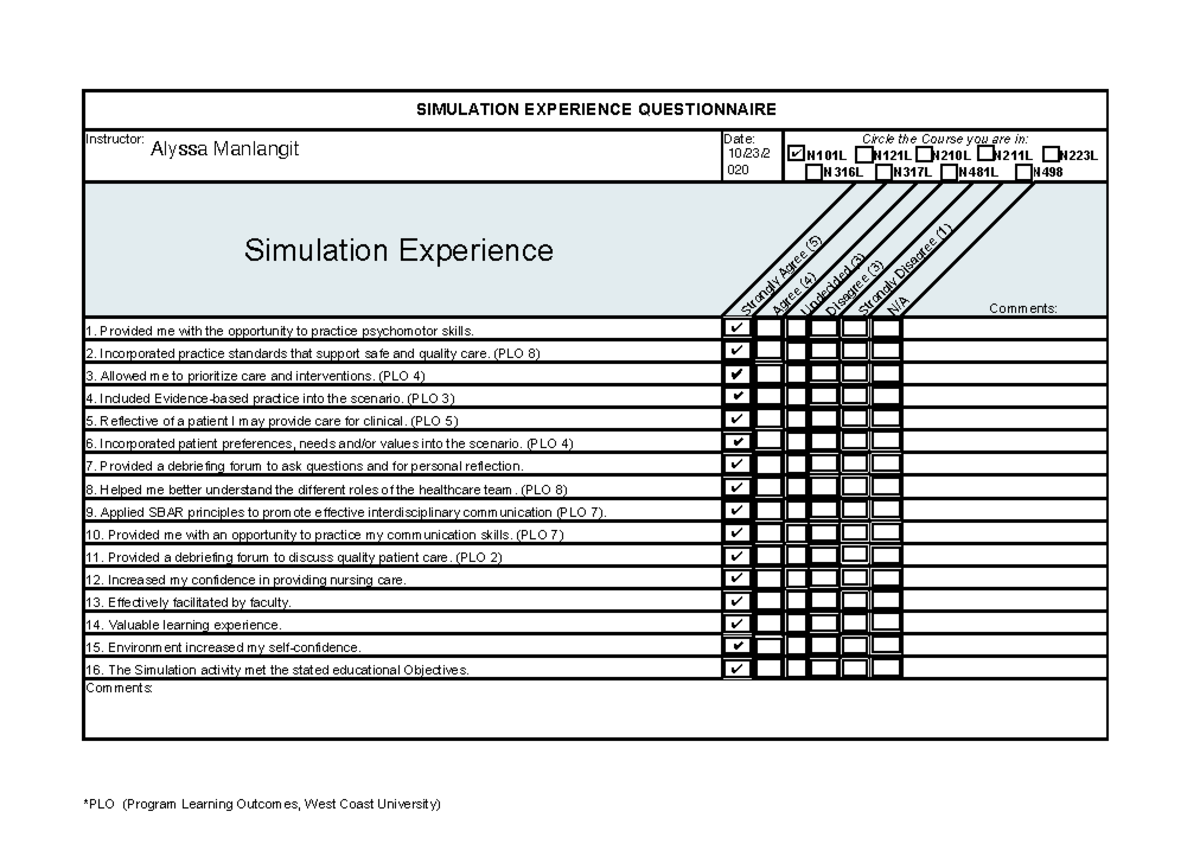 Simulation Experience Questionnaire - Fillable Eval - Instructor: Date ...
