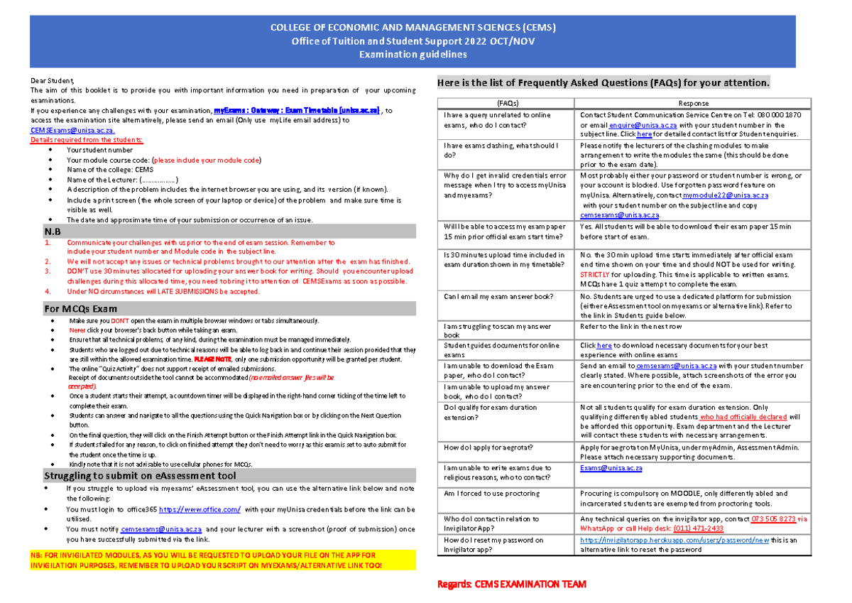 Exam Booklet Oct Nov 2022. Updated - COLLEGE OF ECONOMIC AND MANAGEMENT ...