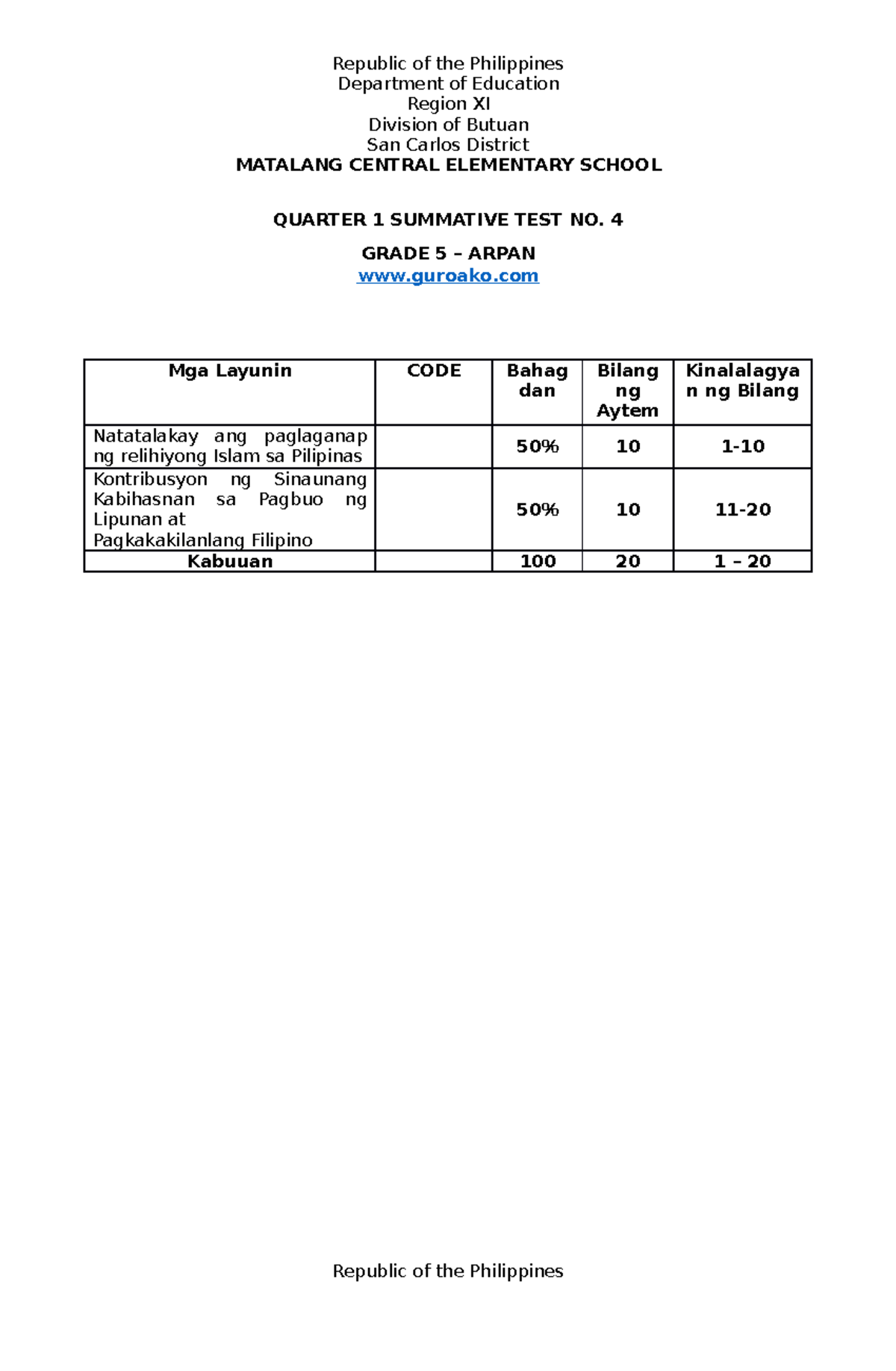Q1 ST 4 GR - Exam - Republic of the Philippines Department of Education Region XI Division of ...