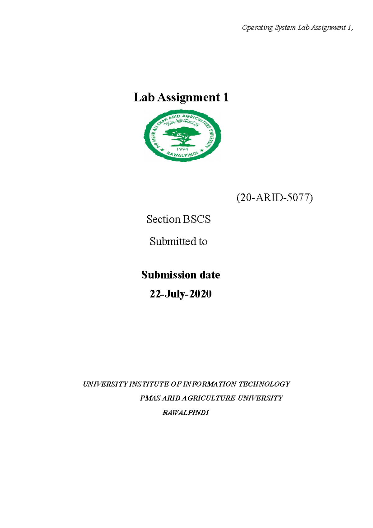 20- ARID-5077(Lab Asiignment 1) - Operating system - Lab Assignment 1 (20-ARID-5077) Section ...