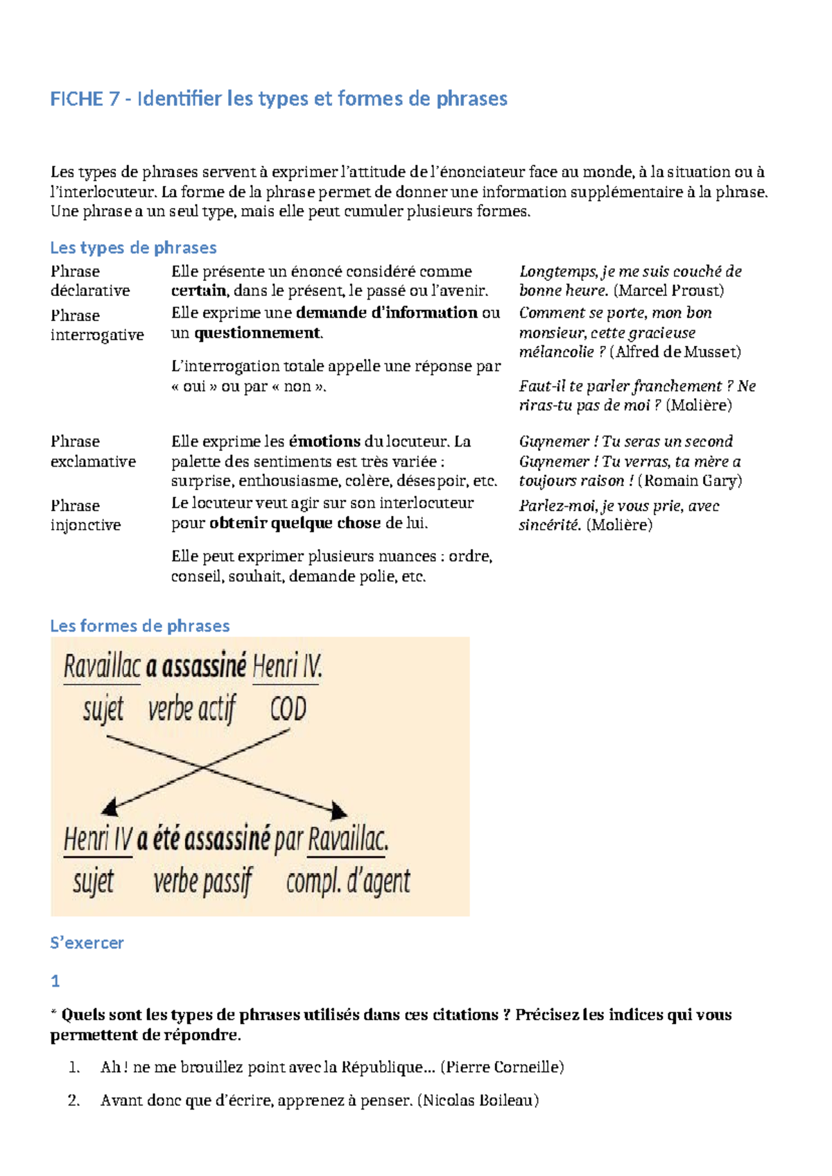 Fiche 7 - Identifier les types et formes de phrases - Copie - FICHE 7 ...