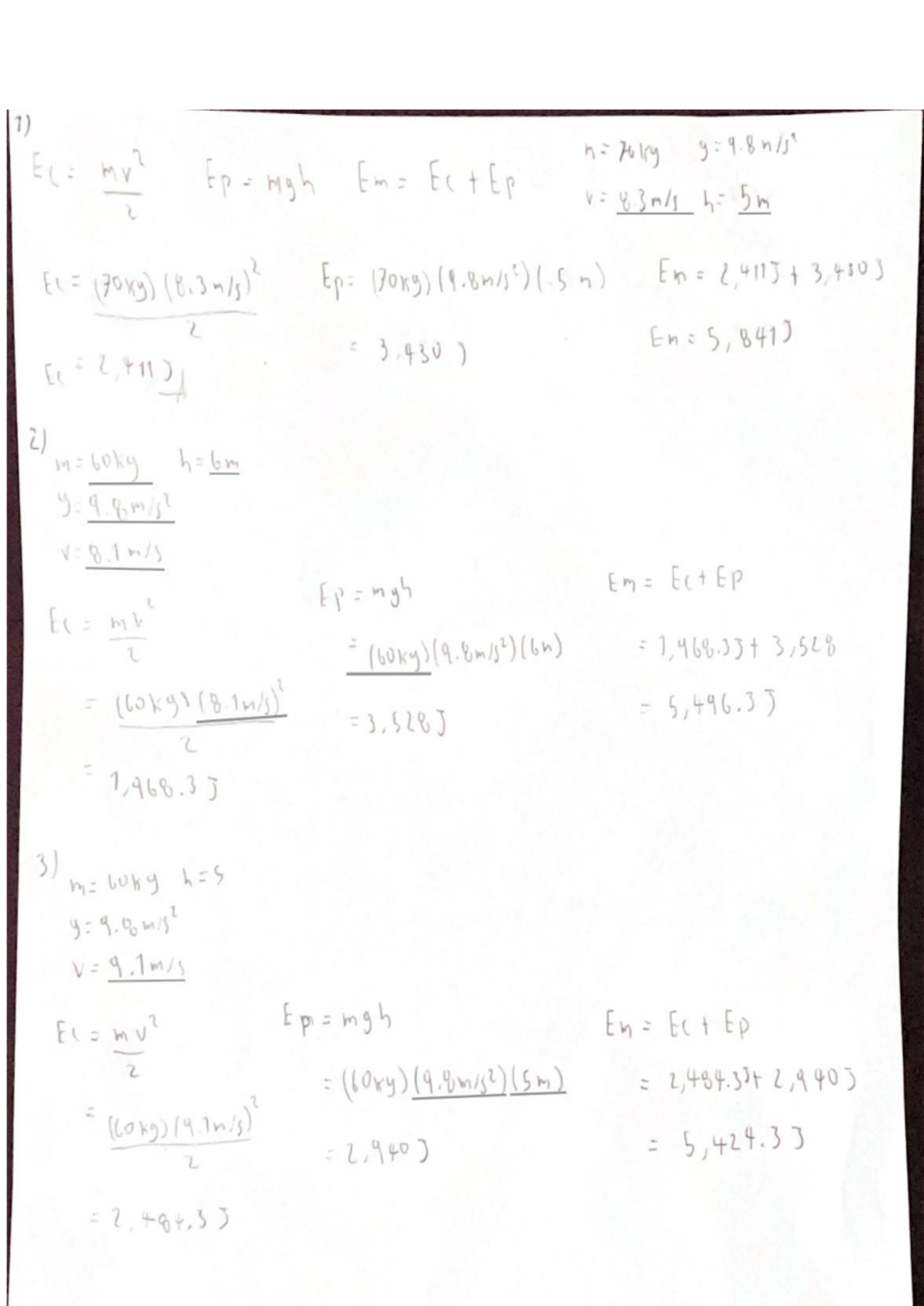 Actividad 5: Energía en el Skate Park - 1) Ec: mv? h=70 kr 9=9/s Ep-mgh ...