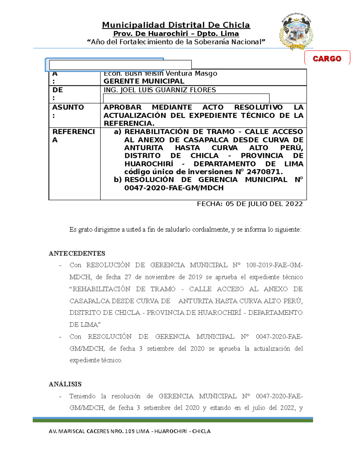 Informe Nº 221- Aprobacion ACTO Resolutivo - Municipalidad Distrital De ...