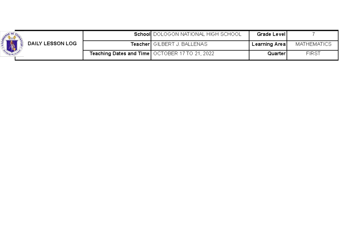 WEEK-9 - LESSON PLAN IN MATHEMATICS 7 DAILY LESSON PLAN FOR THE FIRST ...