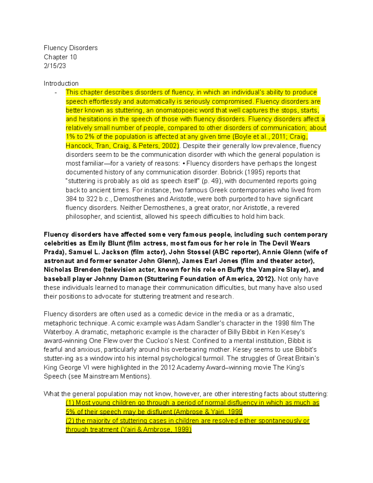 Com. Disorders Fluency Disorders - Fluency Disorders Chapter 10 2/15 ...
