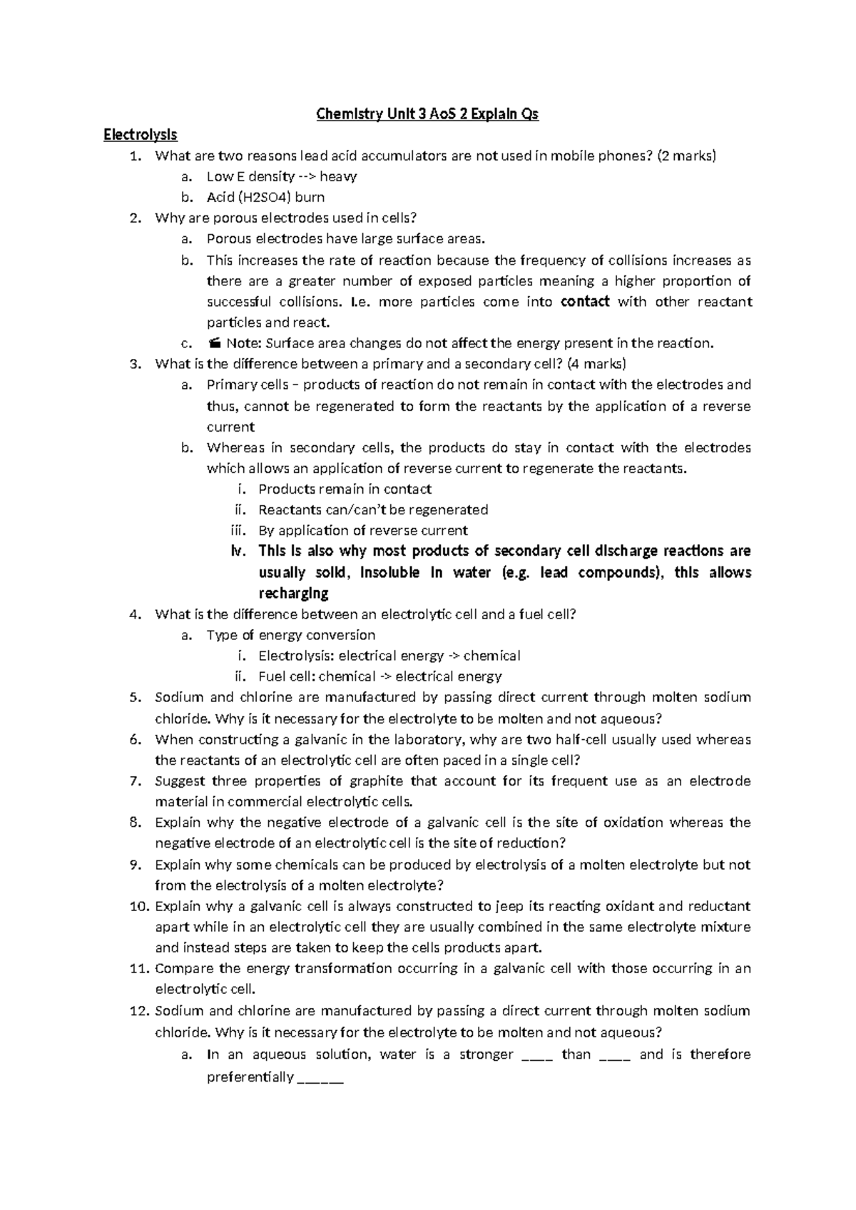 Chemistry Unit 3 Ao S 2 Explain Qs - Low E density -> heavy b. Acid (H2SO4) burn Why are porous ...