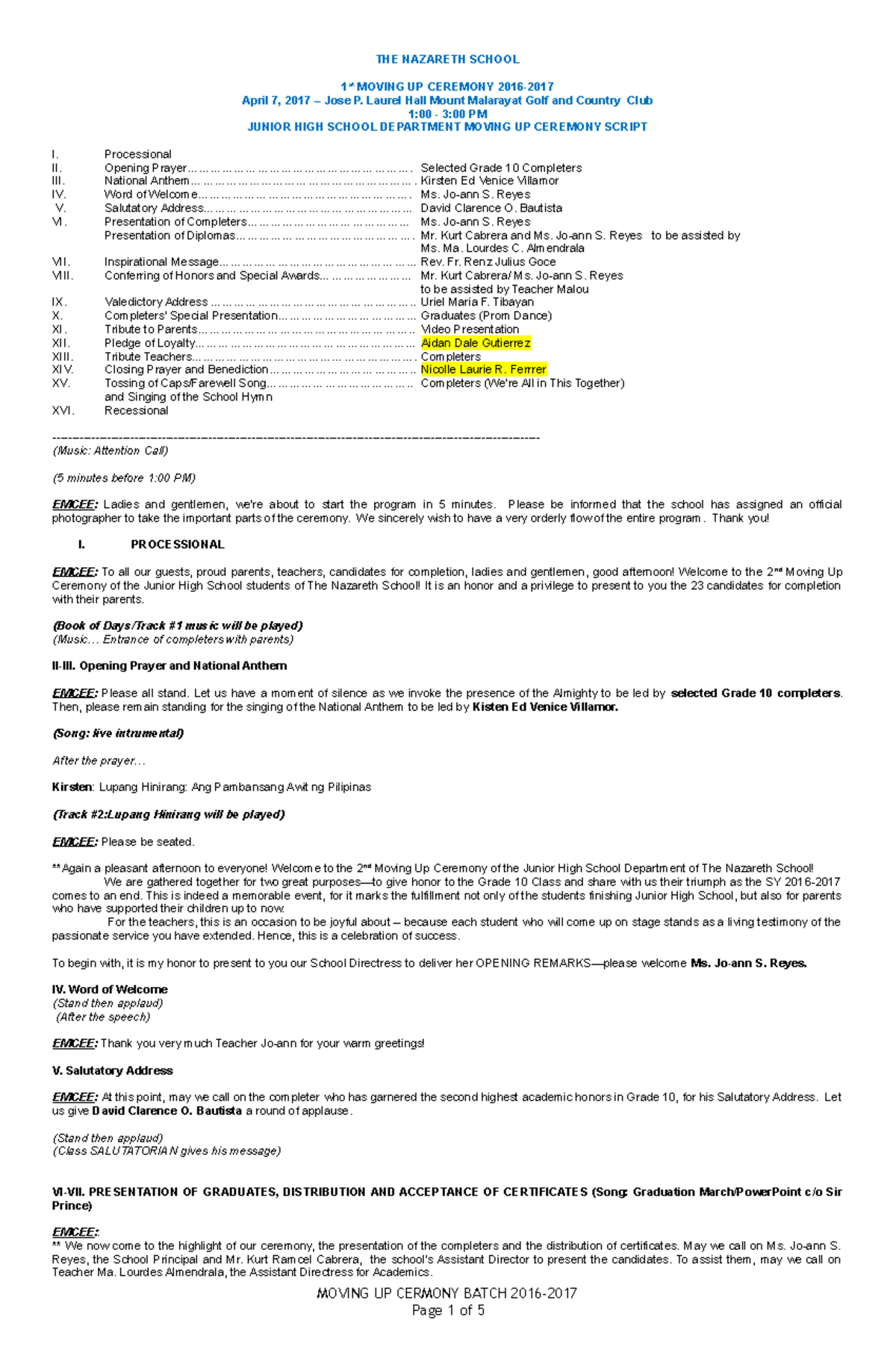 Graduation Script HS 2017 edited for the emcee - THE NAZARETH SCHOOL 1 ...