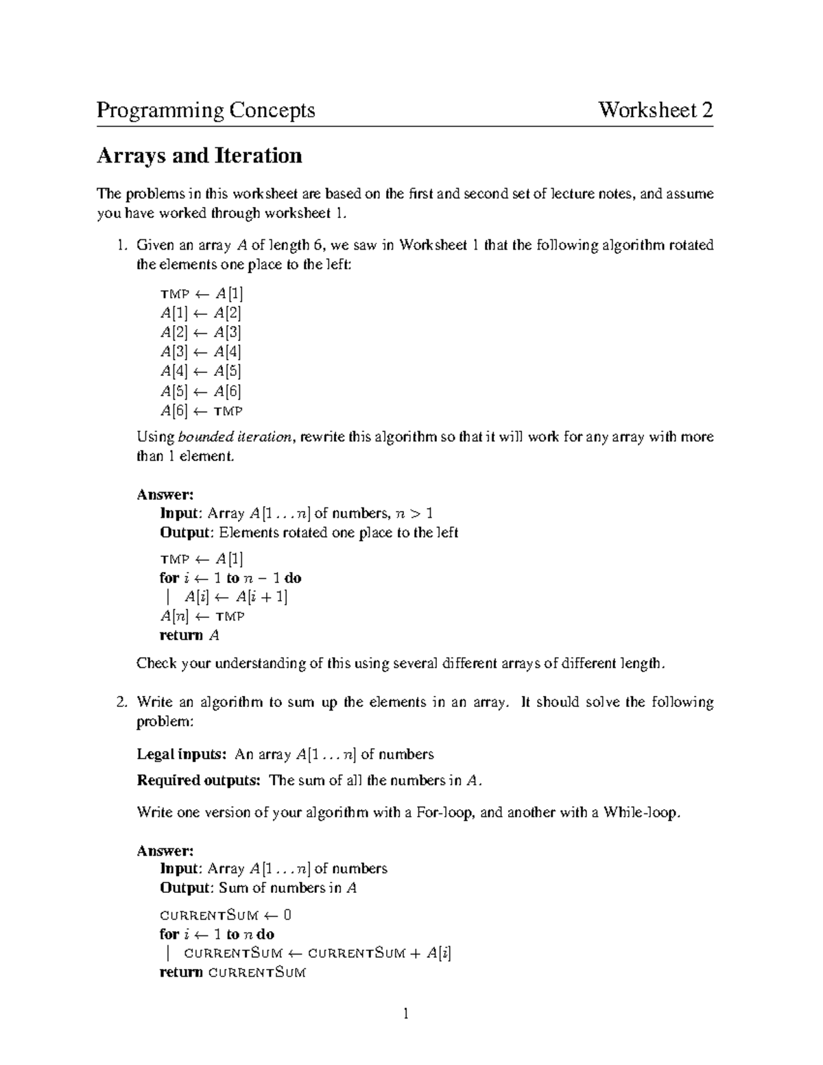 Worksheet 2 Ans Programming Concepts Worksheet 2 Arrays And Iteration The Problems In This