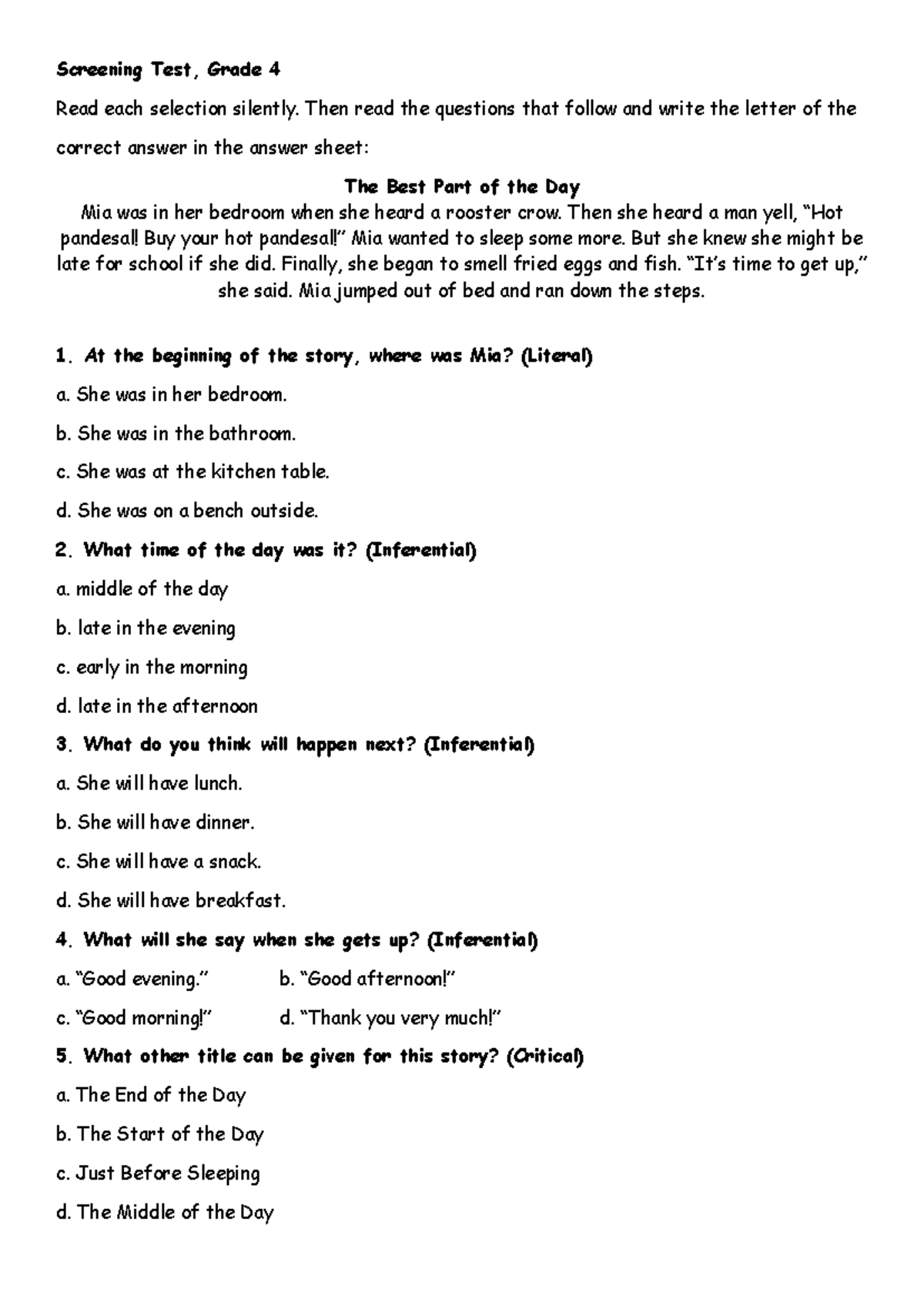 Phil-iri group screening test - Screening Test, Grade 4 Read each ...