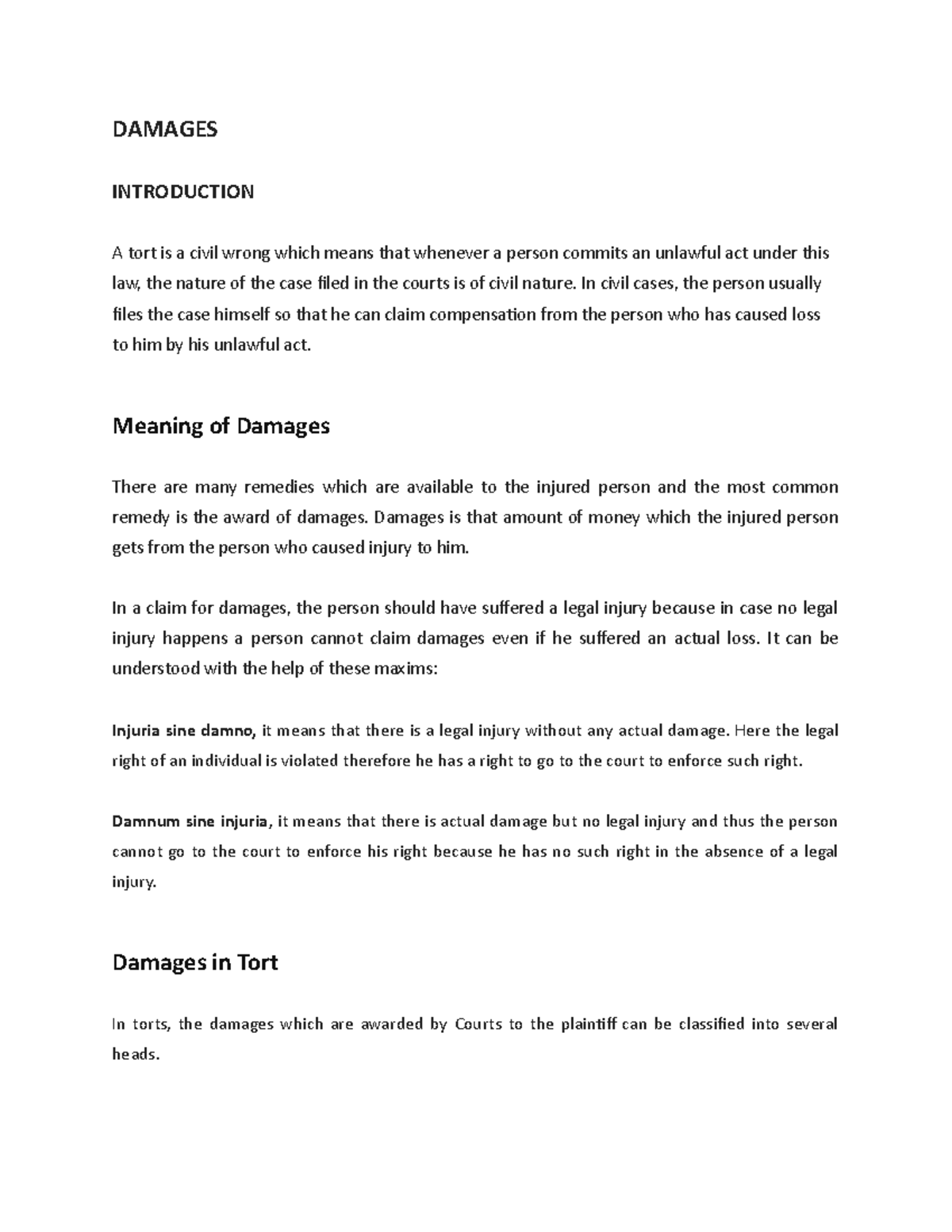 Damages - DAMAGES INTRODUCTION A tort is a civil wrong which means that ...