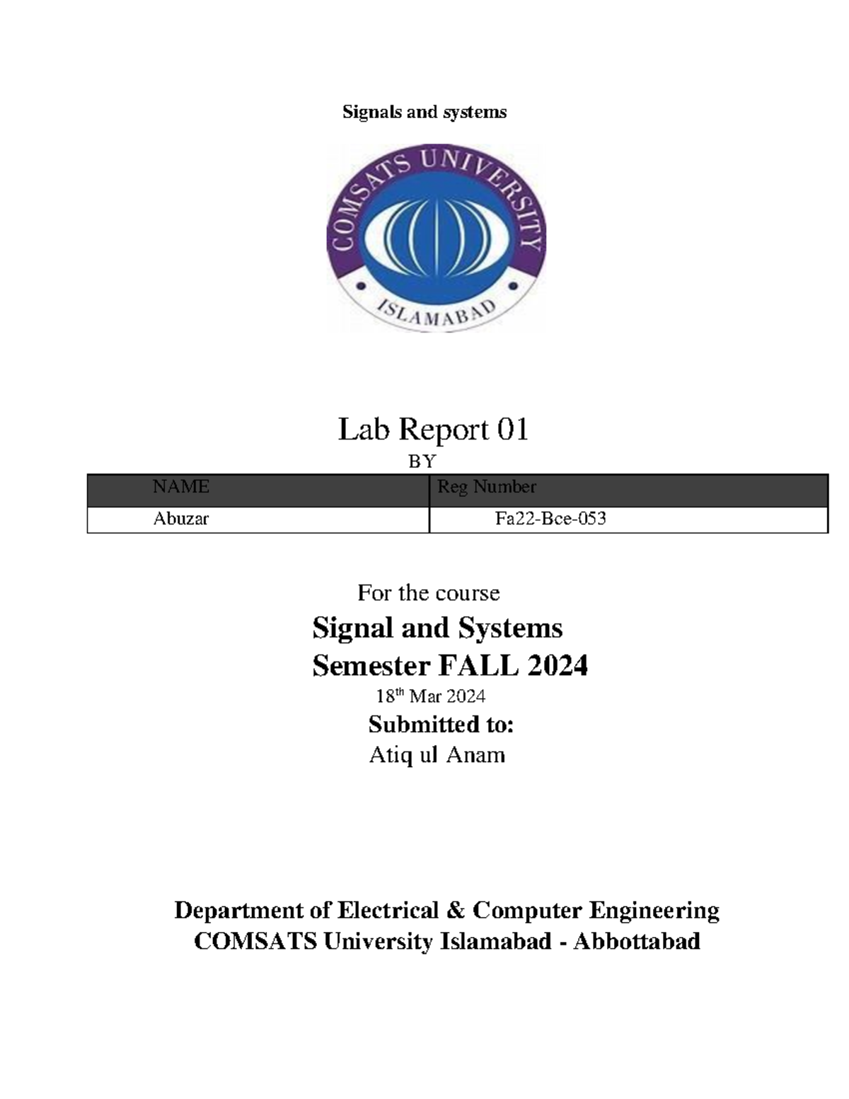 Final 1signal - good - Signals and systems Lab Report 01 BY NAME Reg ...