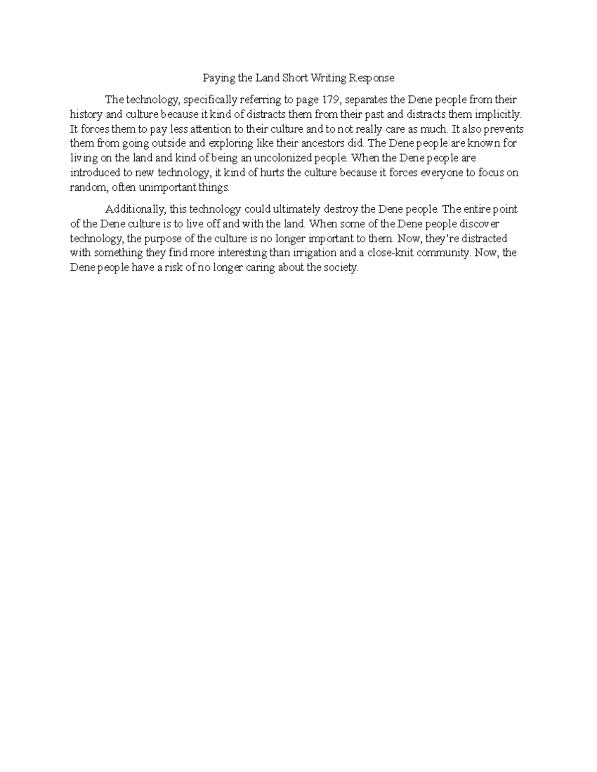 Paying the Land Short Response - Paying the Land Short Writing Response ...