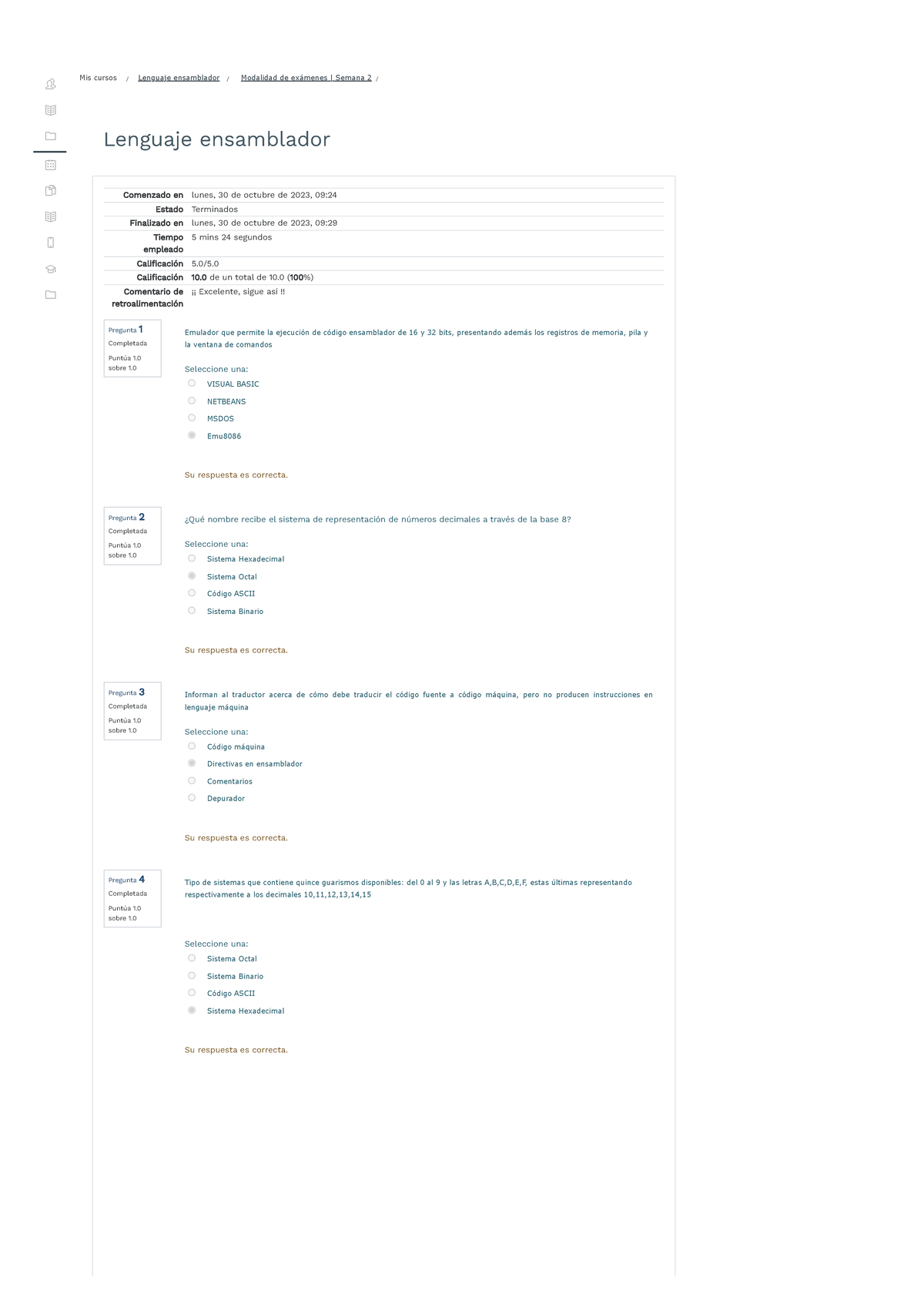 Modalidad de exámenes Semana 2 Revisión del intento Lenguaje ensamblador - Lenguaje ensamblador ...