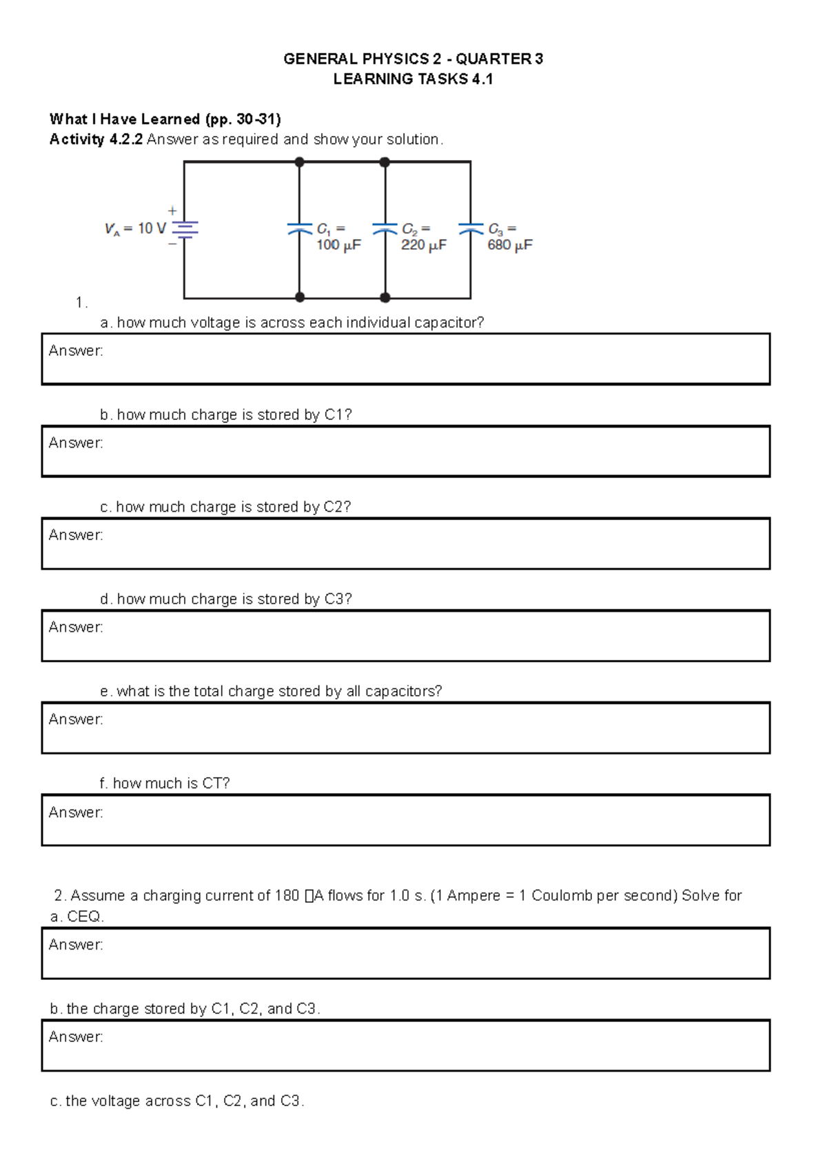 Capacitor activity 2 - GENERAL PHYSICS 2 - QUARTER 3LEARNING TASKS 4 ...
