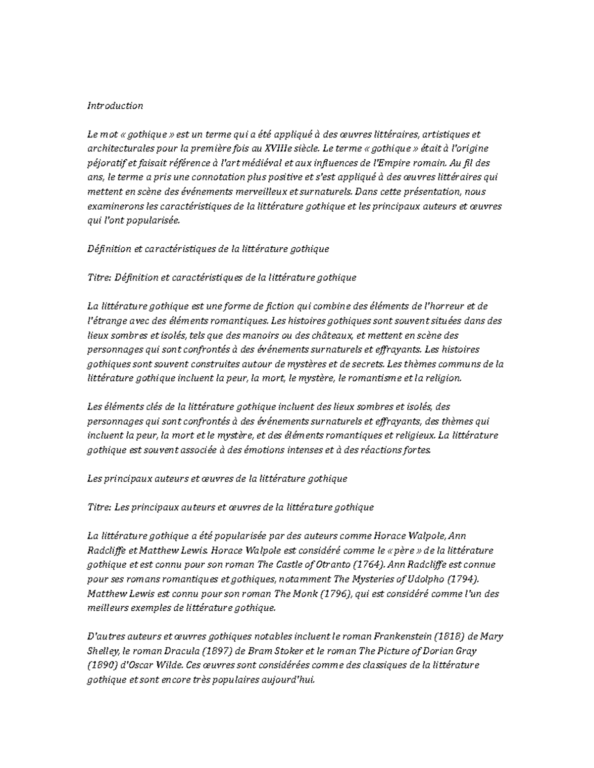 Gothic literature Study Notes - Introduction Le mot « gothique » est un ...
