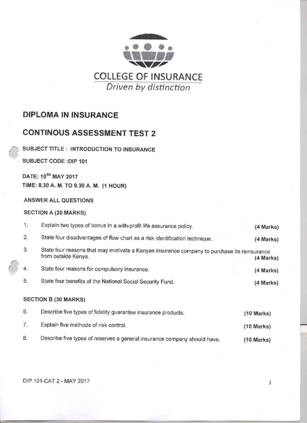 DIP 101 - CAT 2 PAST Papers - Bachelor of Commerce - Studocu