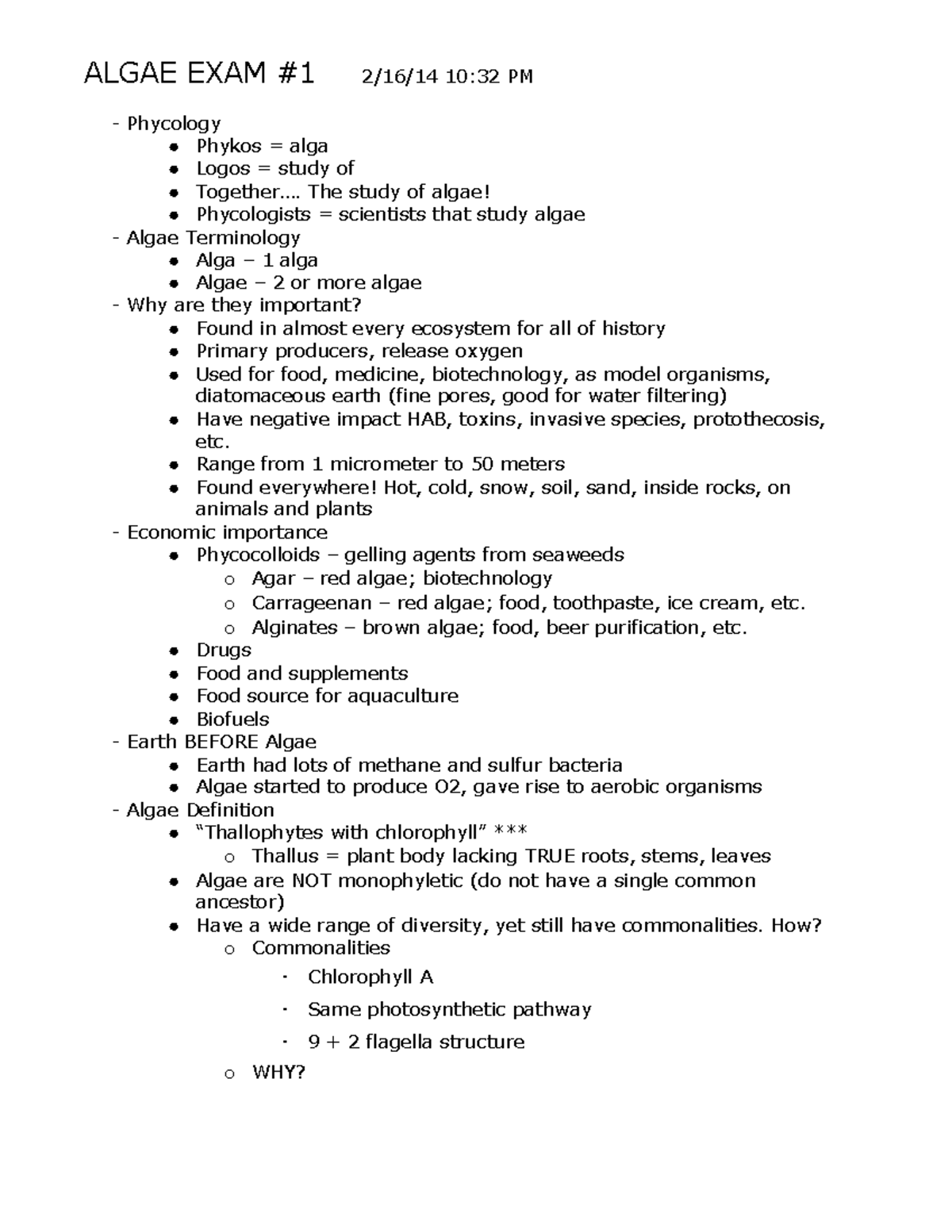 Exam 1 Study Guide - Lecture notes Exam 1 - ALGAE EXAM #1 2/16/14 10:32 ...