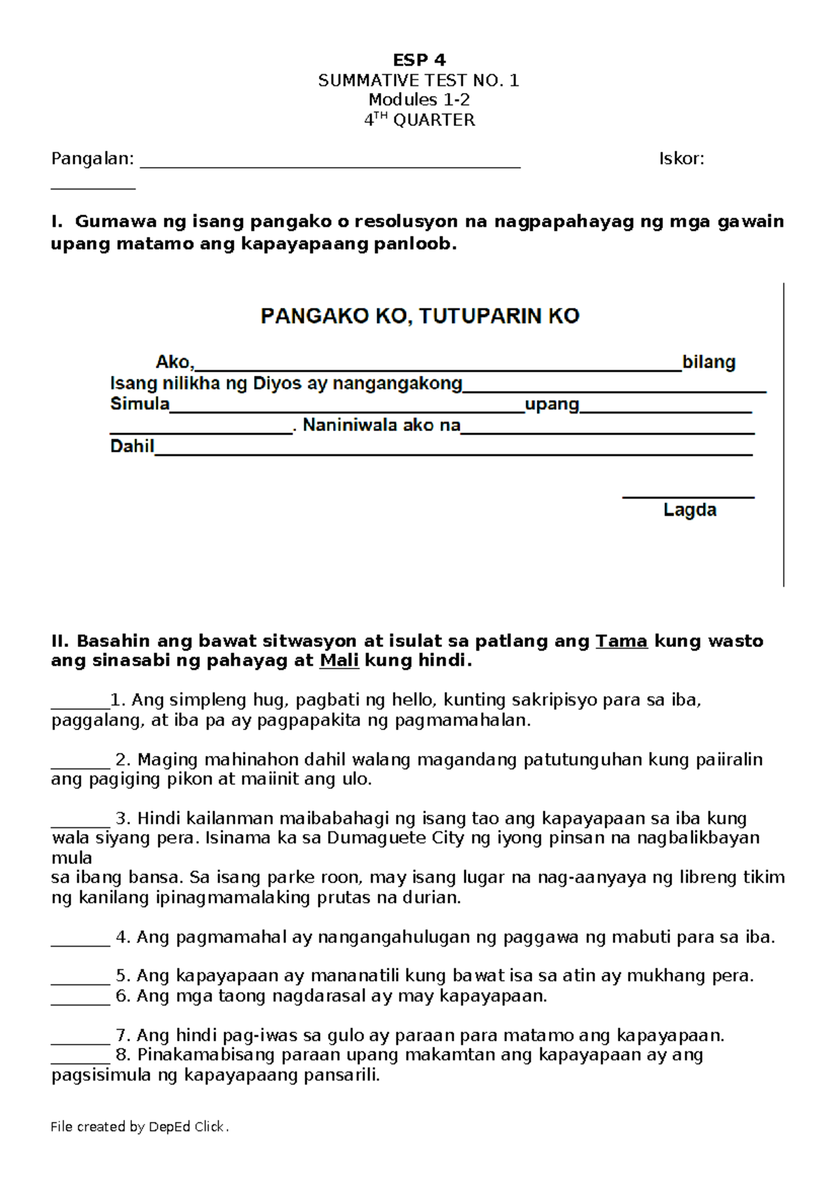 ESP4 ST1 Q4 - zxcvsvsdvsdvsdv - ESP 4 SUMMATIVE TEST NO. 1 Modules 1- 4 ...