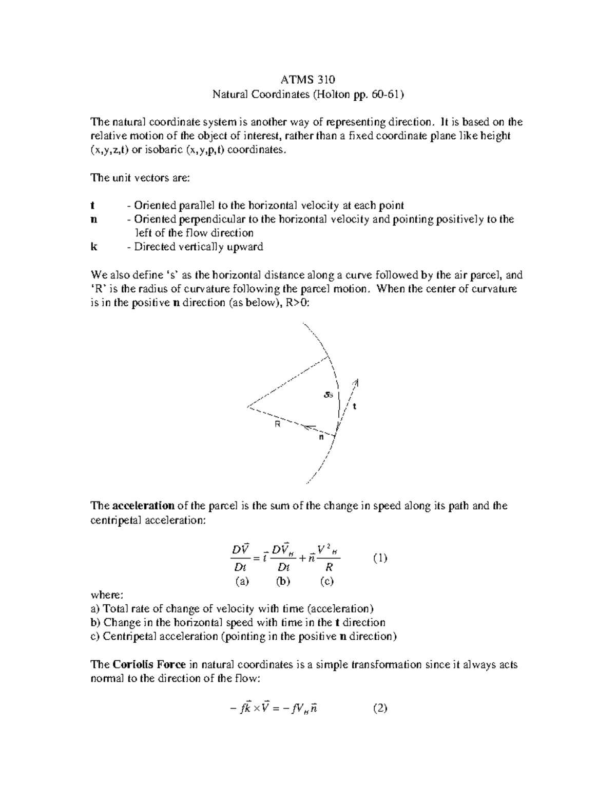 Natural coords - ATMS 310 Natural Coordinates (Holton pp. 60-61) The ...
