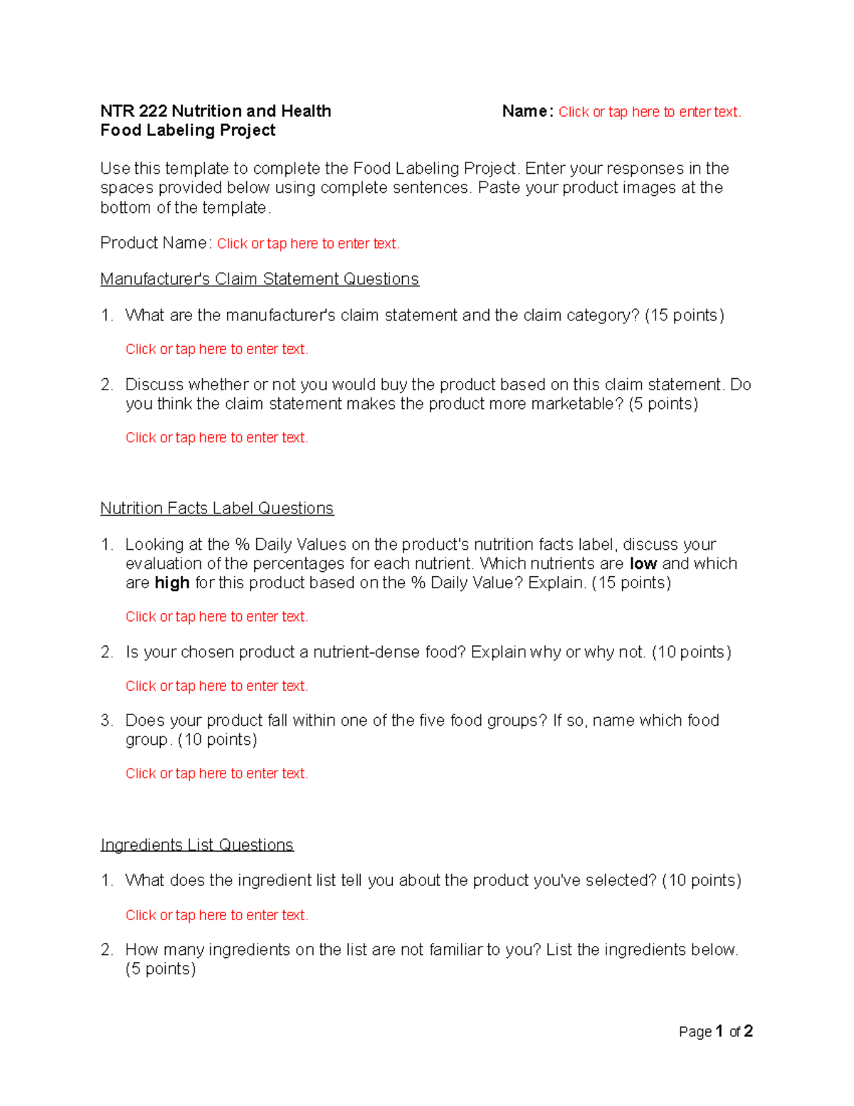 Food Labeling Project Template-2 - NTR 222 Nutrition and Health Name ...