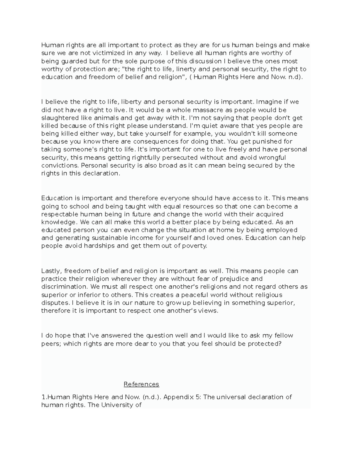 POLS 1503 UNIT3 Discussion Forum - Human rights are all important to ...