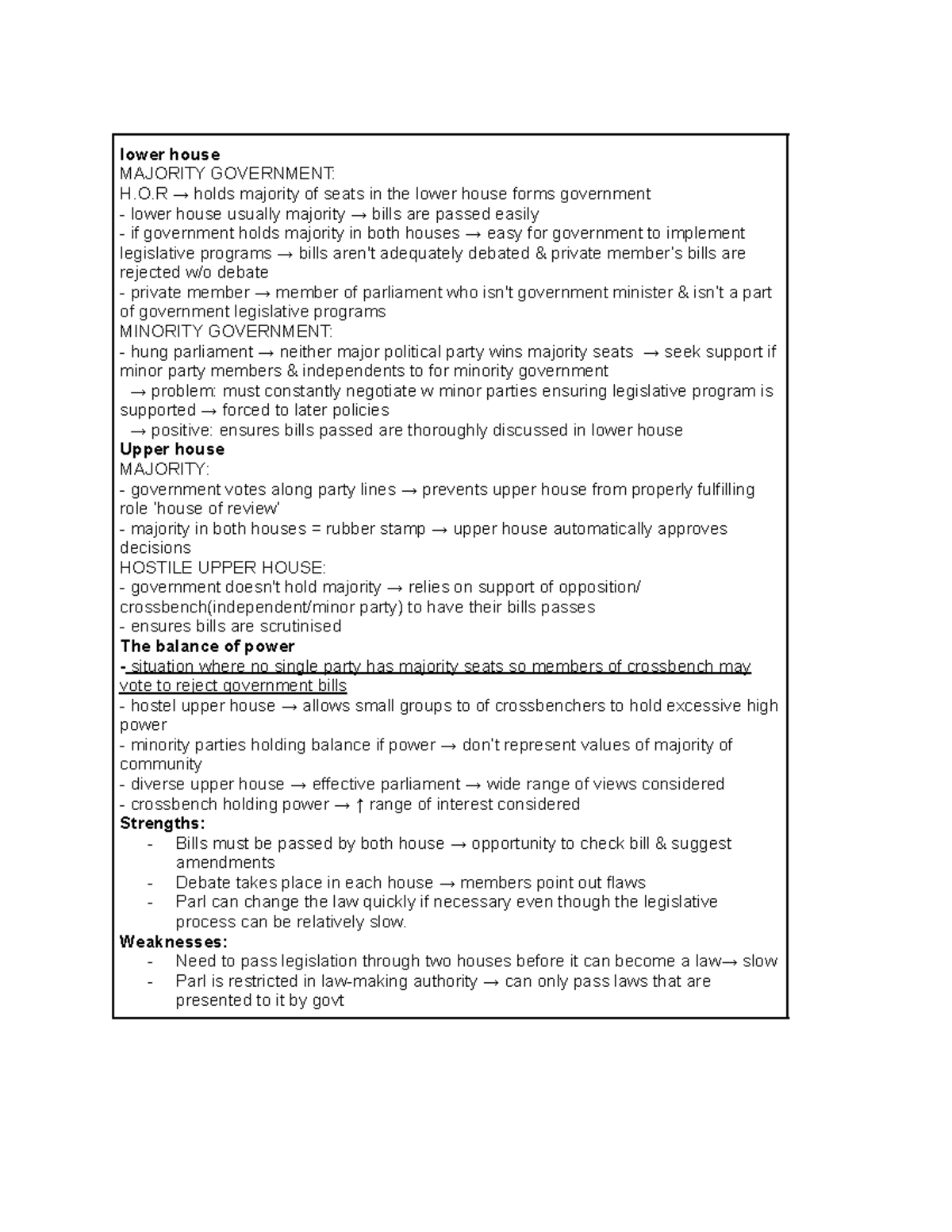 Legal Studies Unit 4 AOS2 - lower house MAJORITY GOVERNMENT: H.O → ...