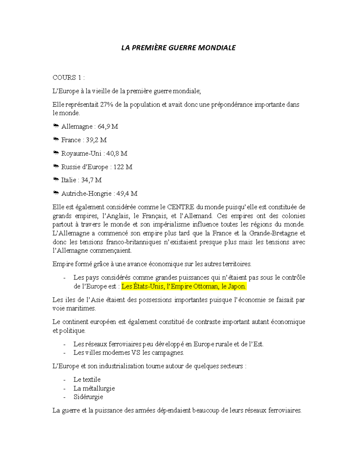 LA Première Guerre Mondiale. Notes DE Cours - LA PREMIÈRE GUERRE ...