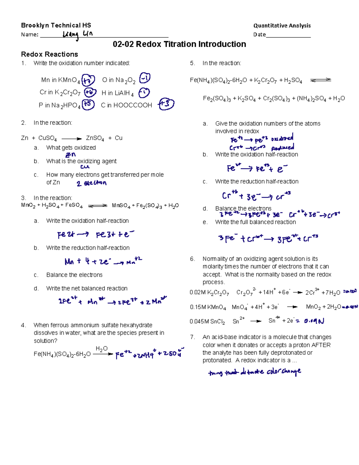 Pre Lab 2 redox Titration Intro - Brooklyn Technical HS Quantitative ...