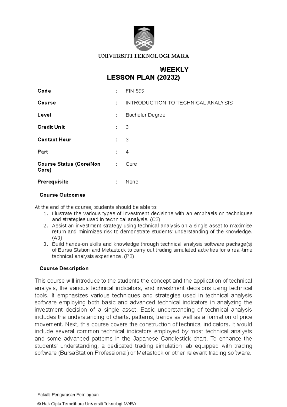 FIN555 - Lesson PLAN 20234 - UNIVERSITI TEKNOLOGI MARA WEEKLY LESSON ...