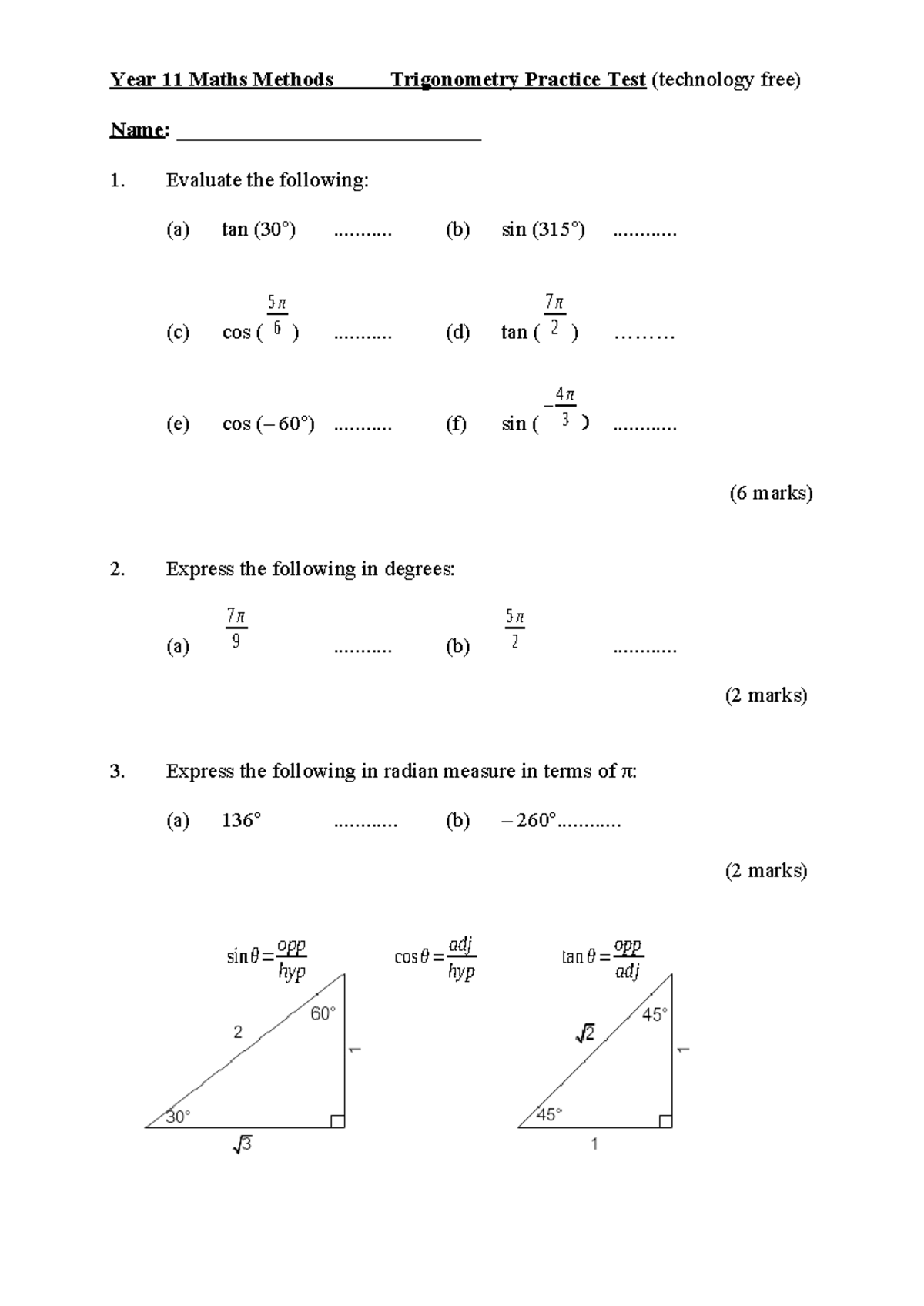 Trig practice test 2024 - Year 11 Maths Methods Trigonometry Practice ...