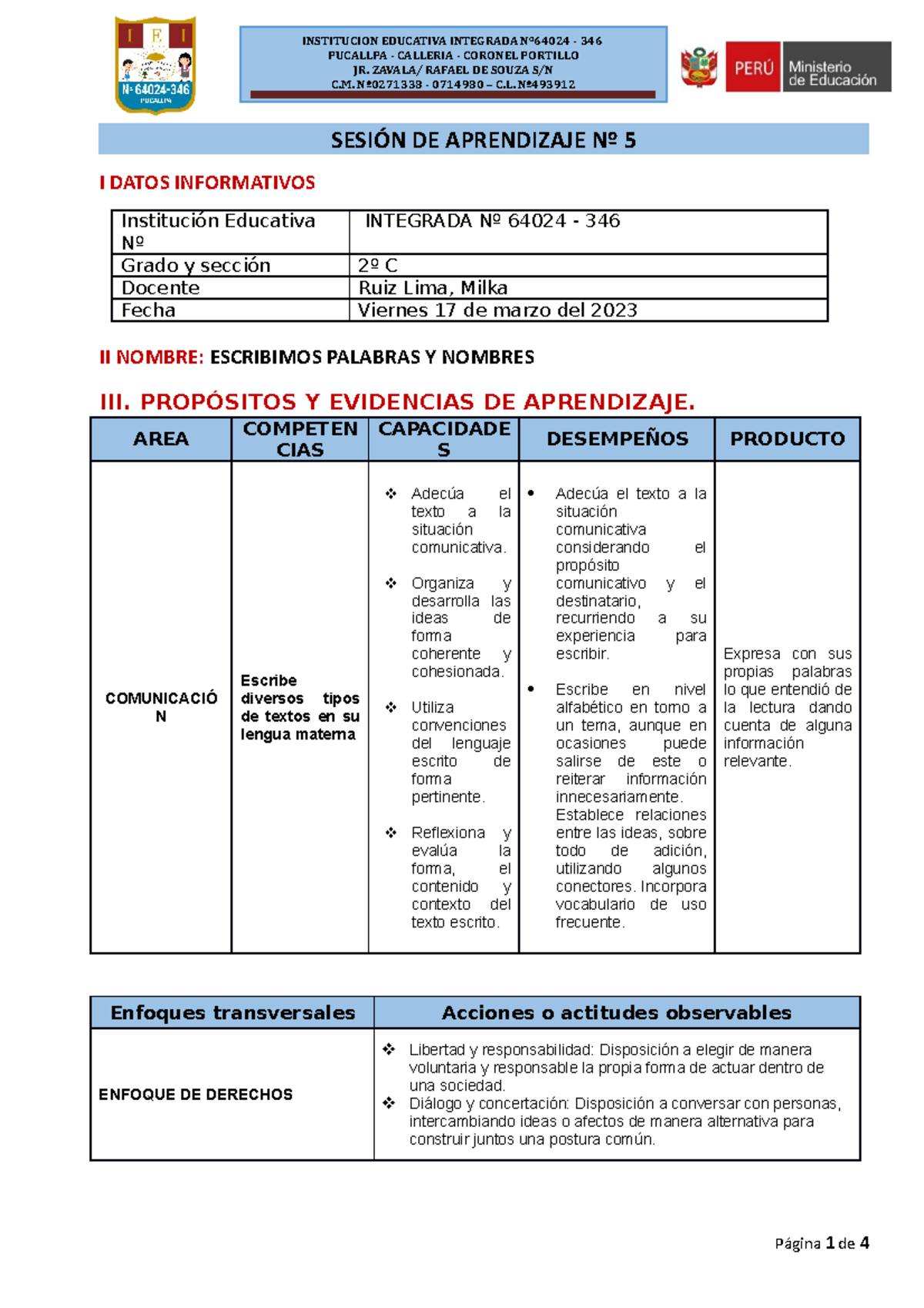 Sesión DE Aprendizaje Nuevo Esquema Nº 5 - SESIÓN DE APRENDIZAJE Nº 5 I DATOS INFORMATIVOS - Studocu