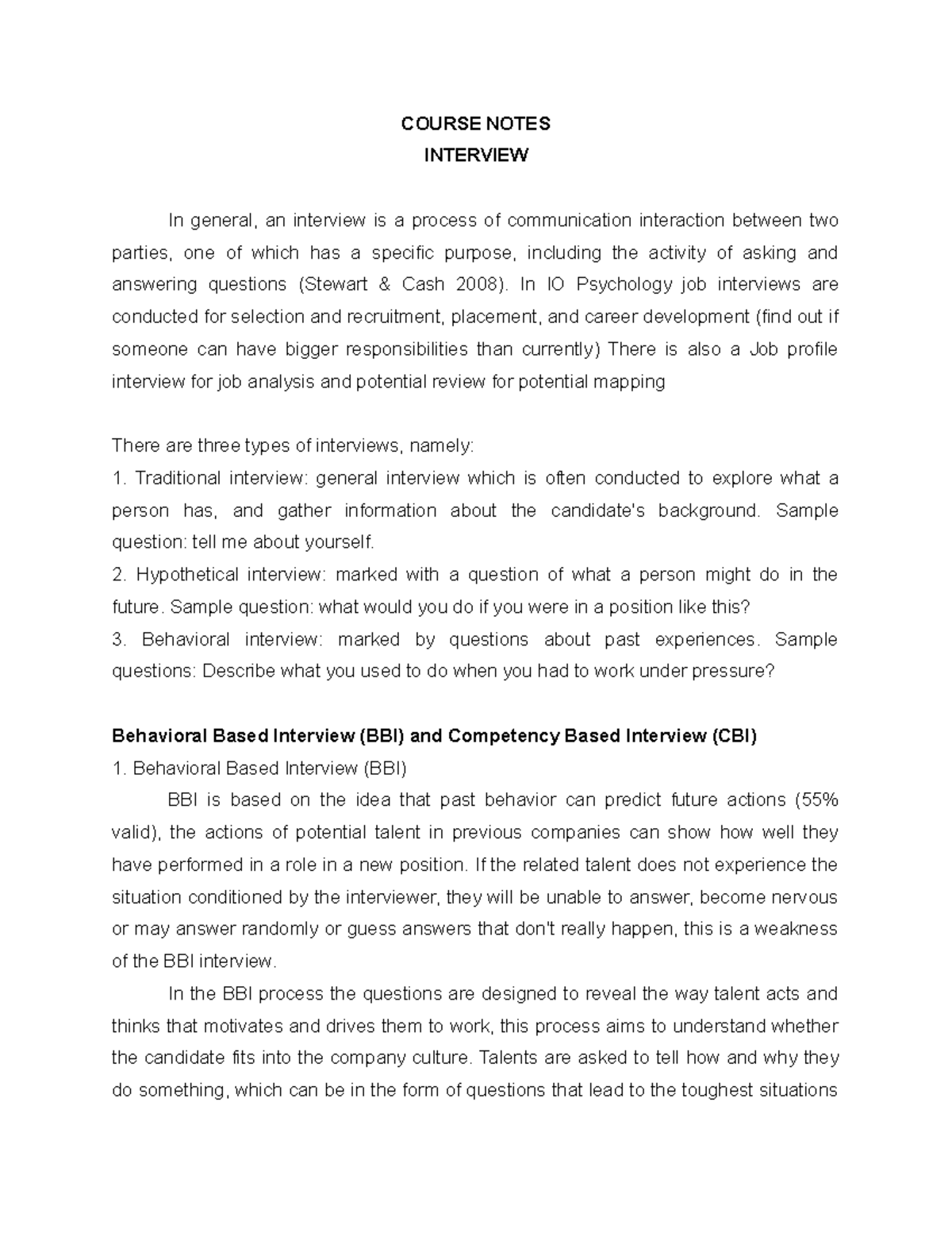 Course Notes Interview - COURSE NOTES INTERVIEW In general, an ...