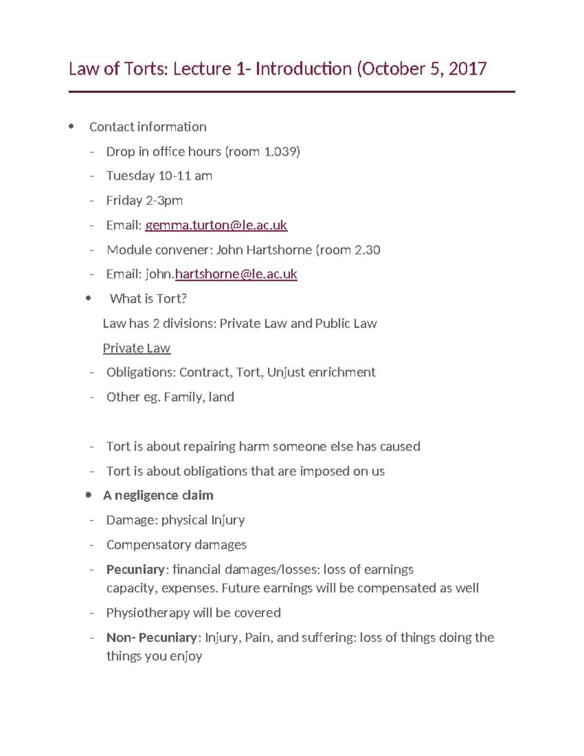 Law of Torts- Lecutre 1 - Law of Torts: Lecture 1- Introduction ...